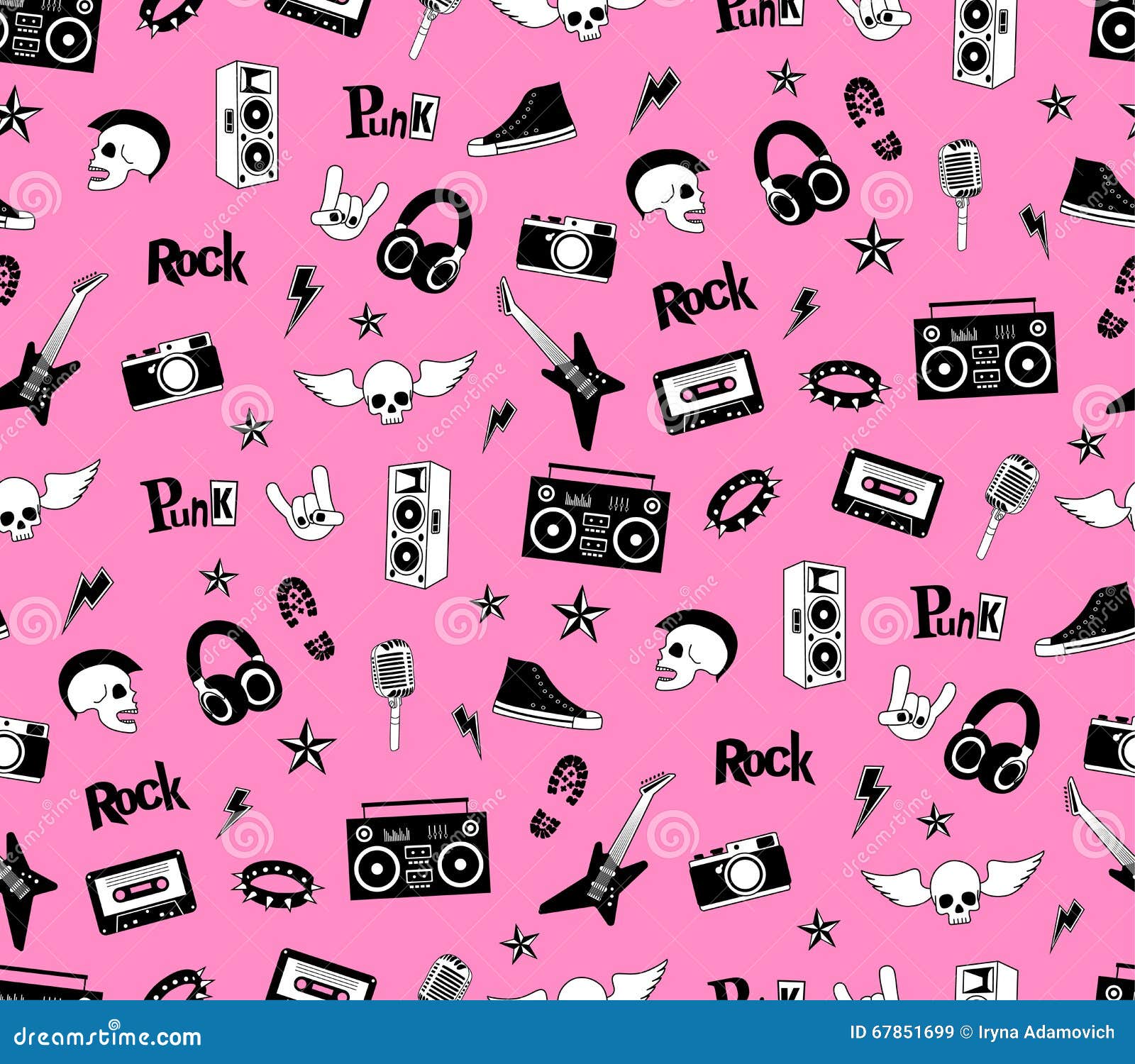 Seamless Pattern. Punk Rock Music Isolated on Pink Background. Doodle ...