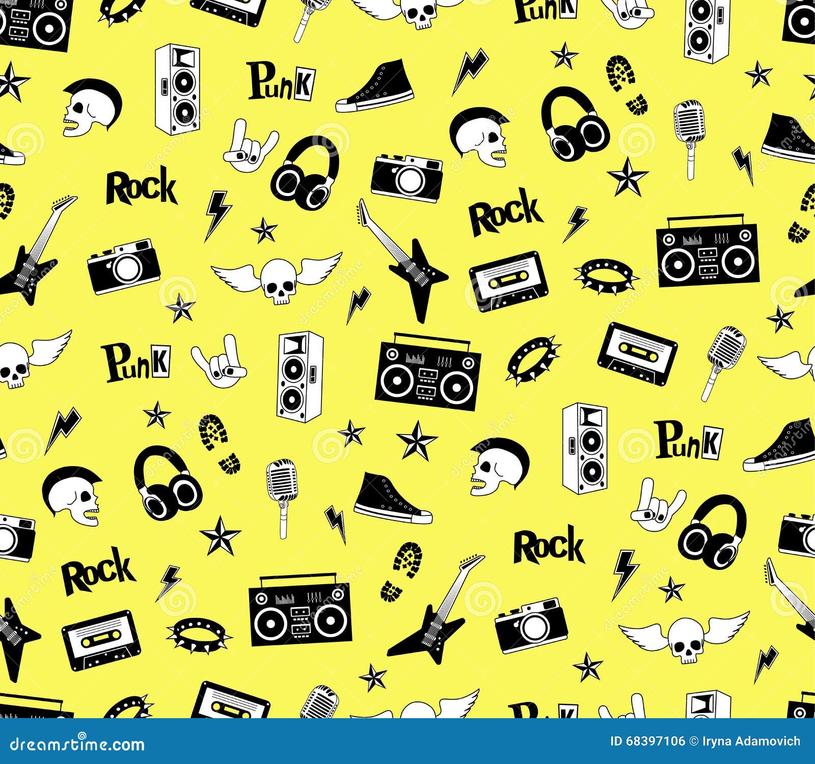 Seamless Pattern. Punk Rock Music on Yellow Background. Doodle Style ...