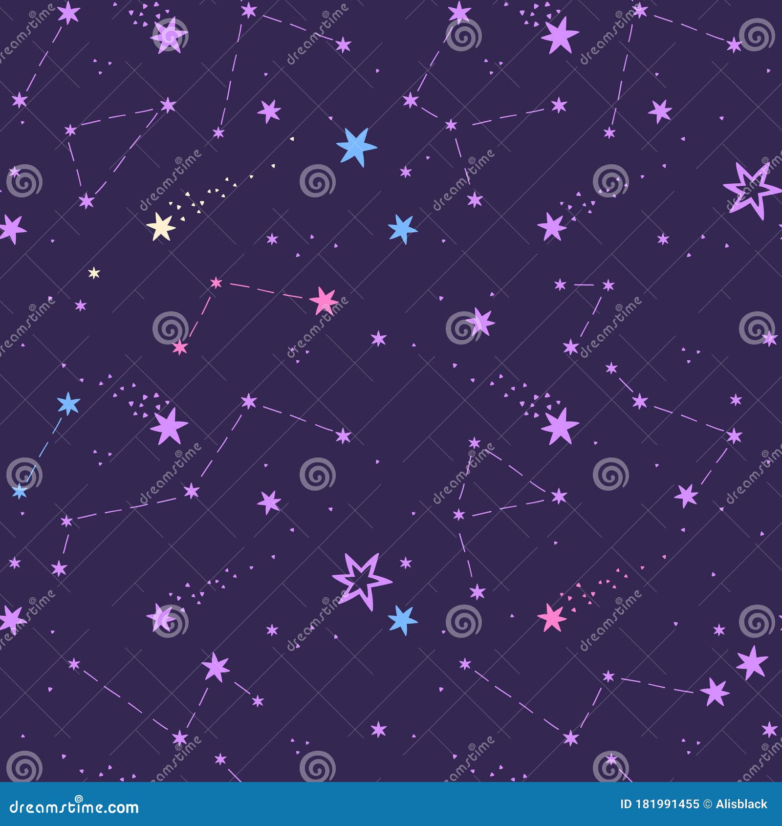 Seamless Cute Pattern with Purple Starry Sky, Comets, Constellations ...