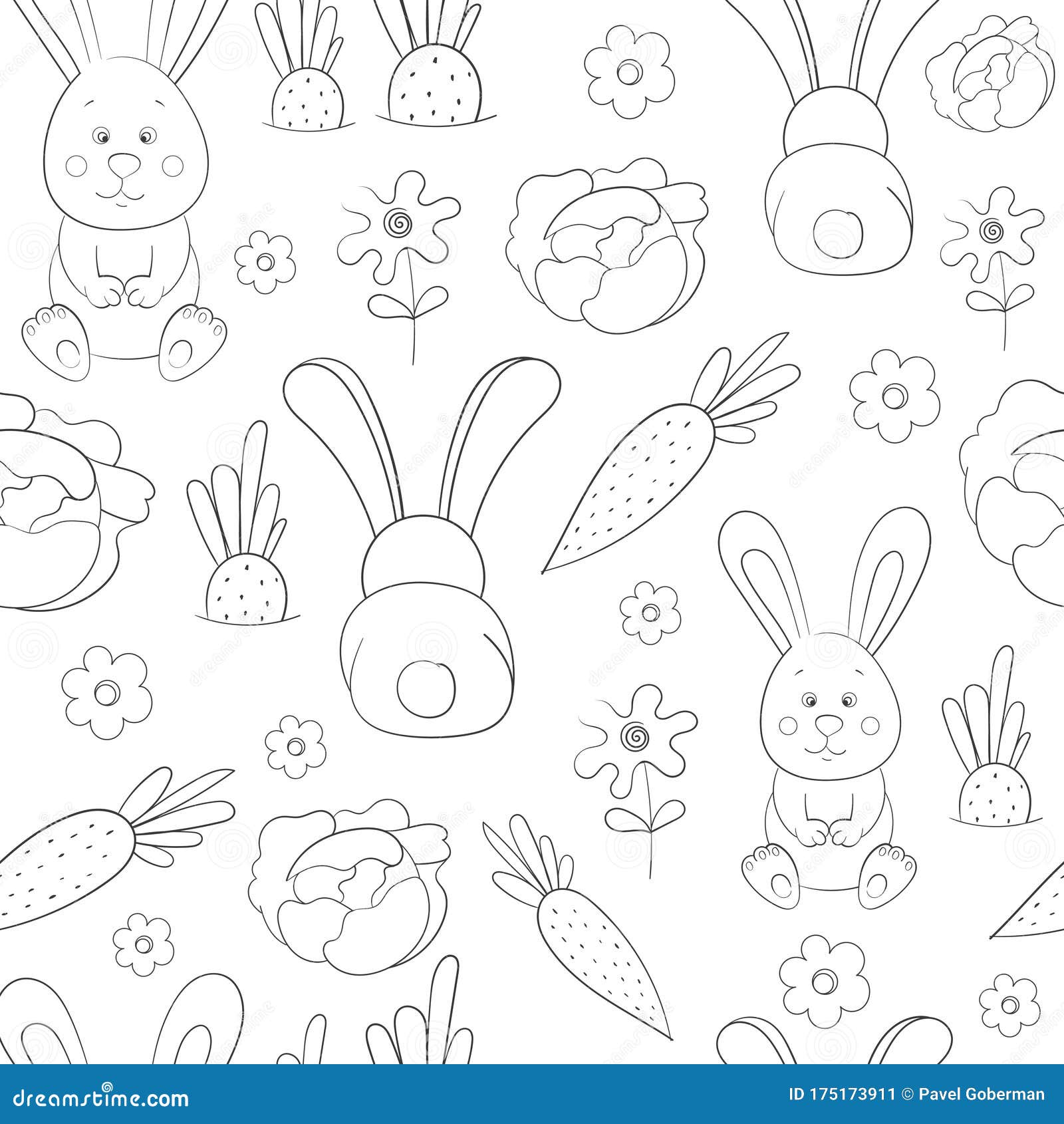 Seamless Pattern with Rabbits, Flowers, Carrots and Cabbage on a White ...