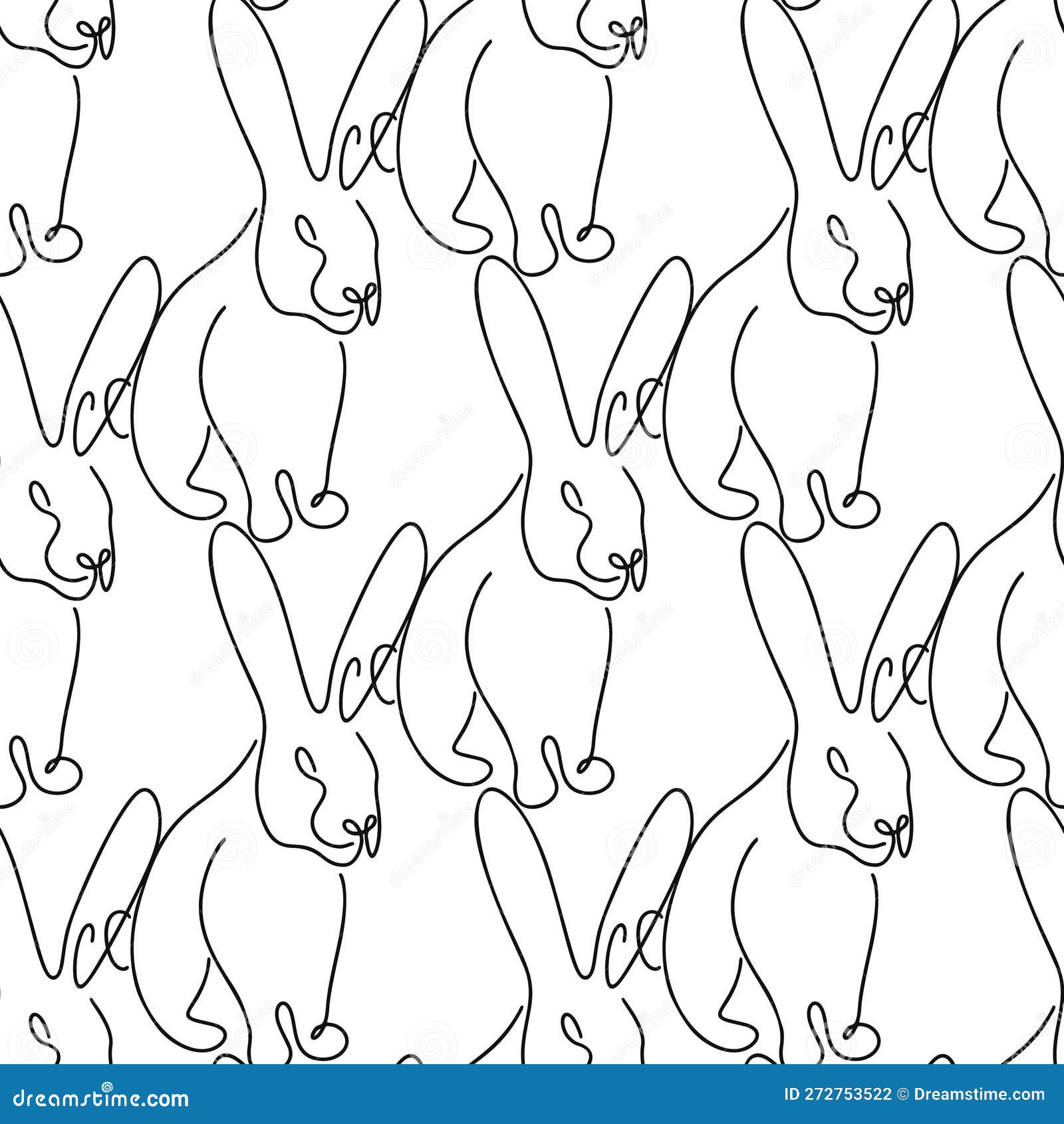 Seamless Pattern with Rabbits Illustration in Line Art Style on White ...