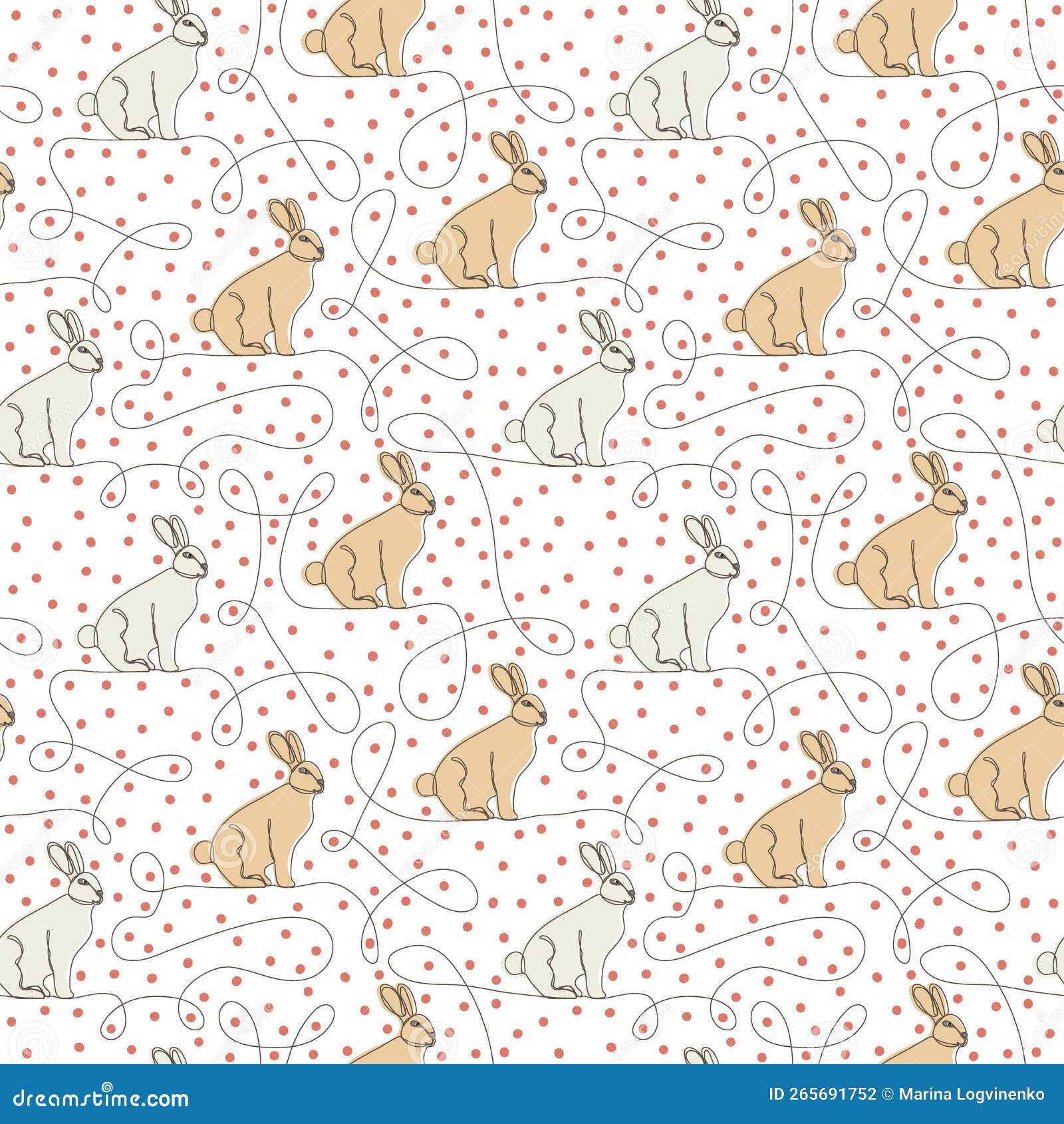 Seamless Pattern with Rabbits and Polka Dot. Continuous One Line ...