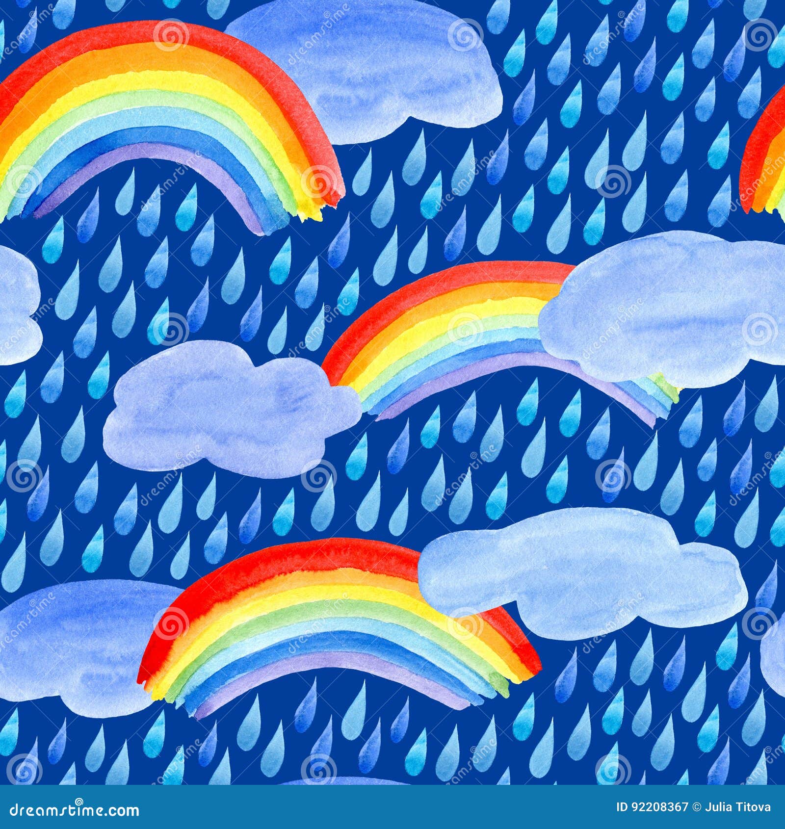 Seamless Pattern With Rain Drops,clouds And Rainbow. Stock Illustration ...