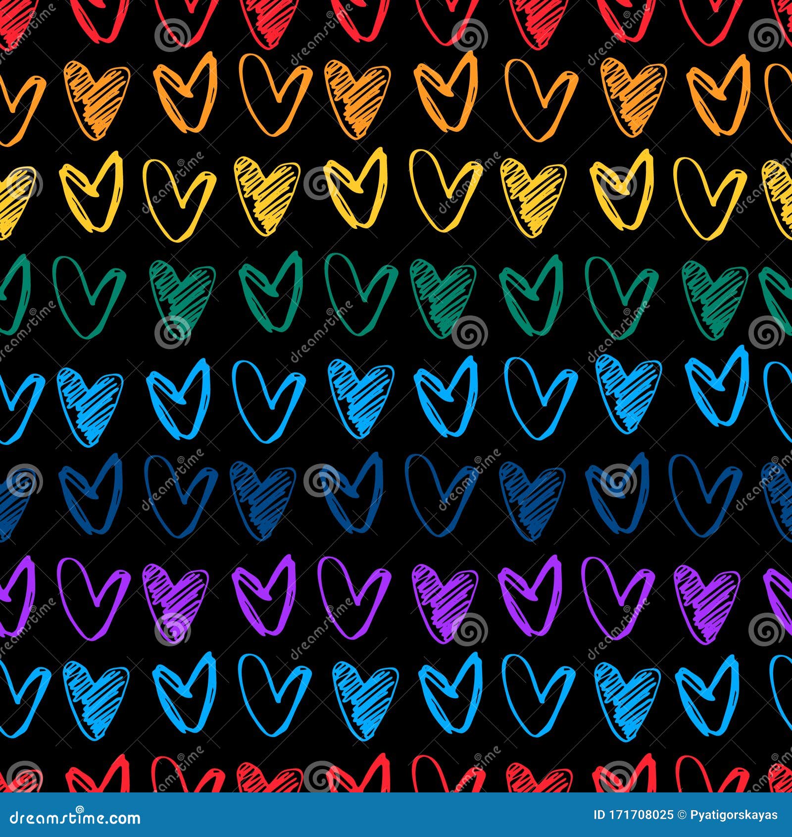 Seamless Pattern. Rainbow-colored Rows of Hand Drawn Heart Shapes ...