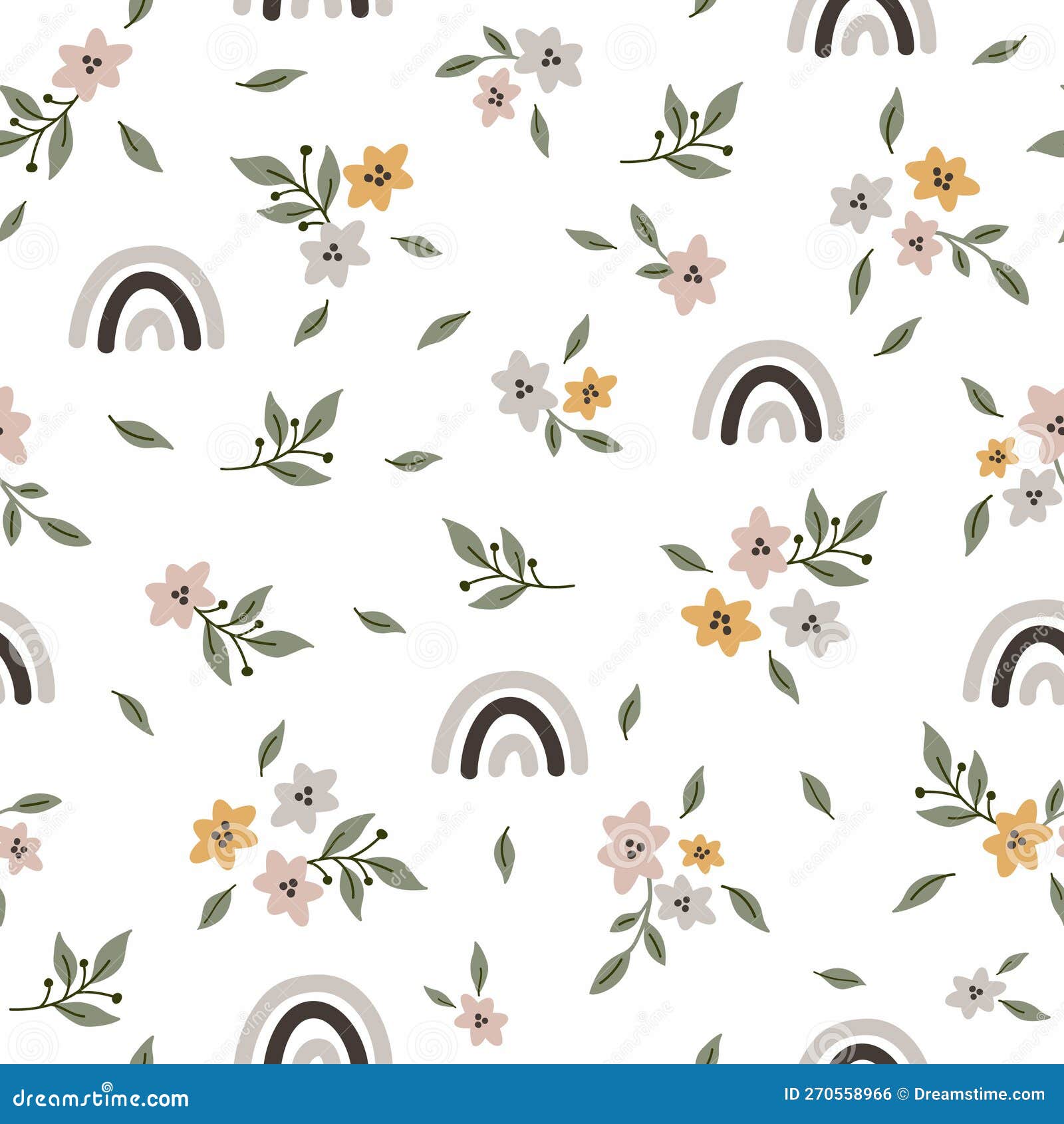 Seamless Pattern with Rainbow and Flower on White Background Stock ...