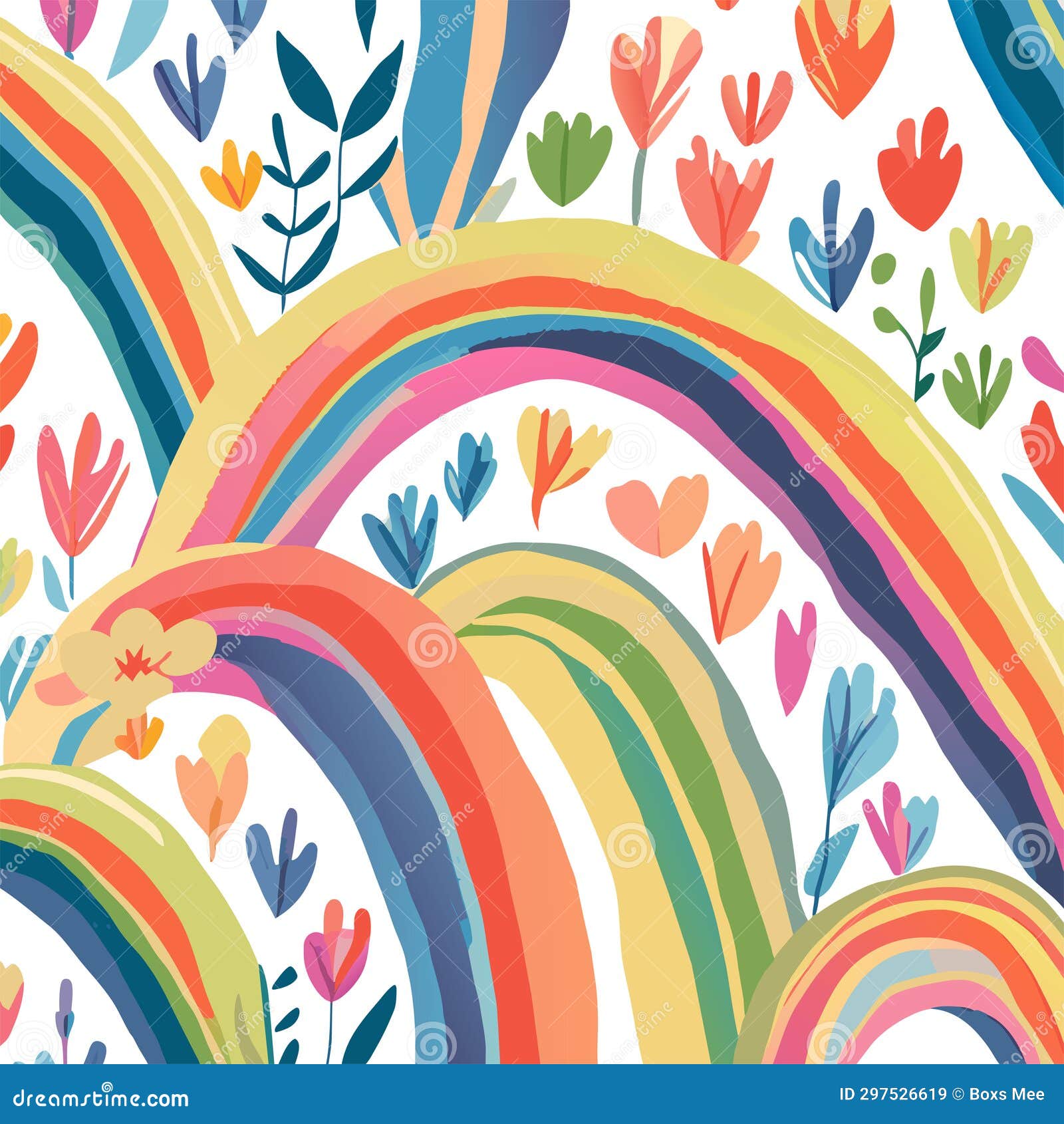 Seamless Pattern with Rainbow and Flowers. Hand Drawn Vector ...