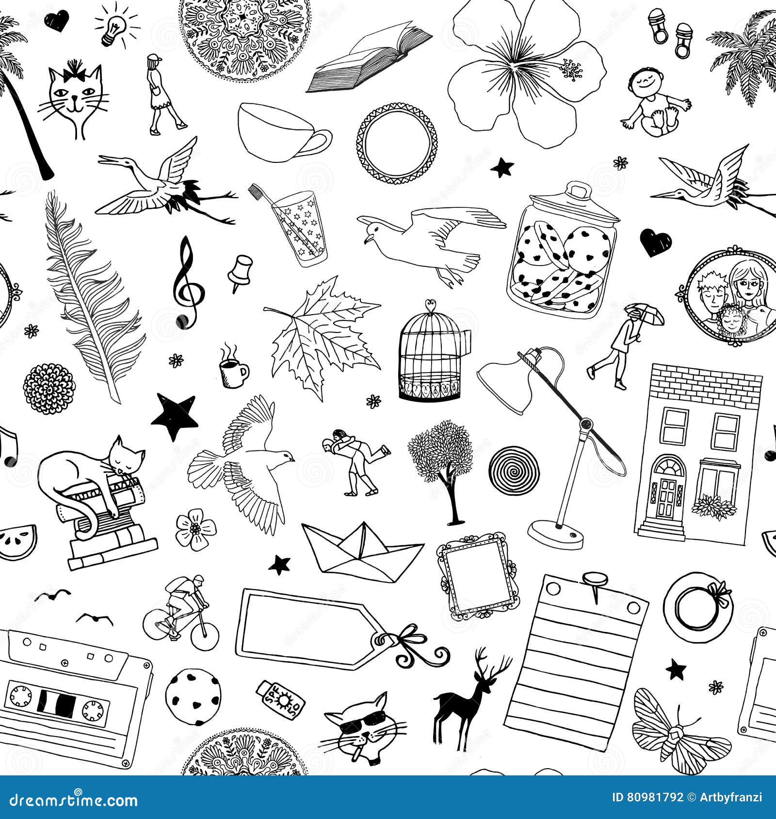 Seamless Pattern of Random Items Stock Vector - Illustration of feather ...