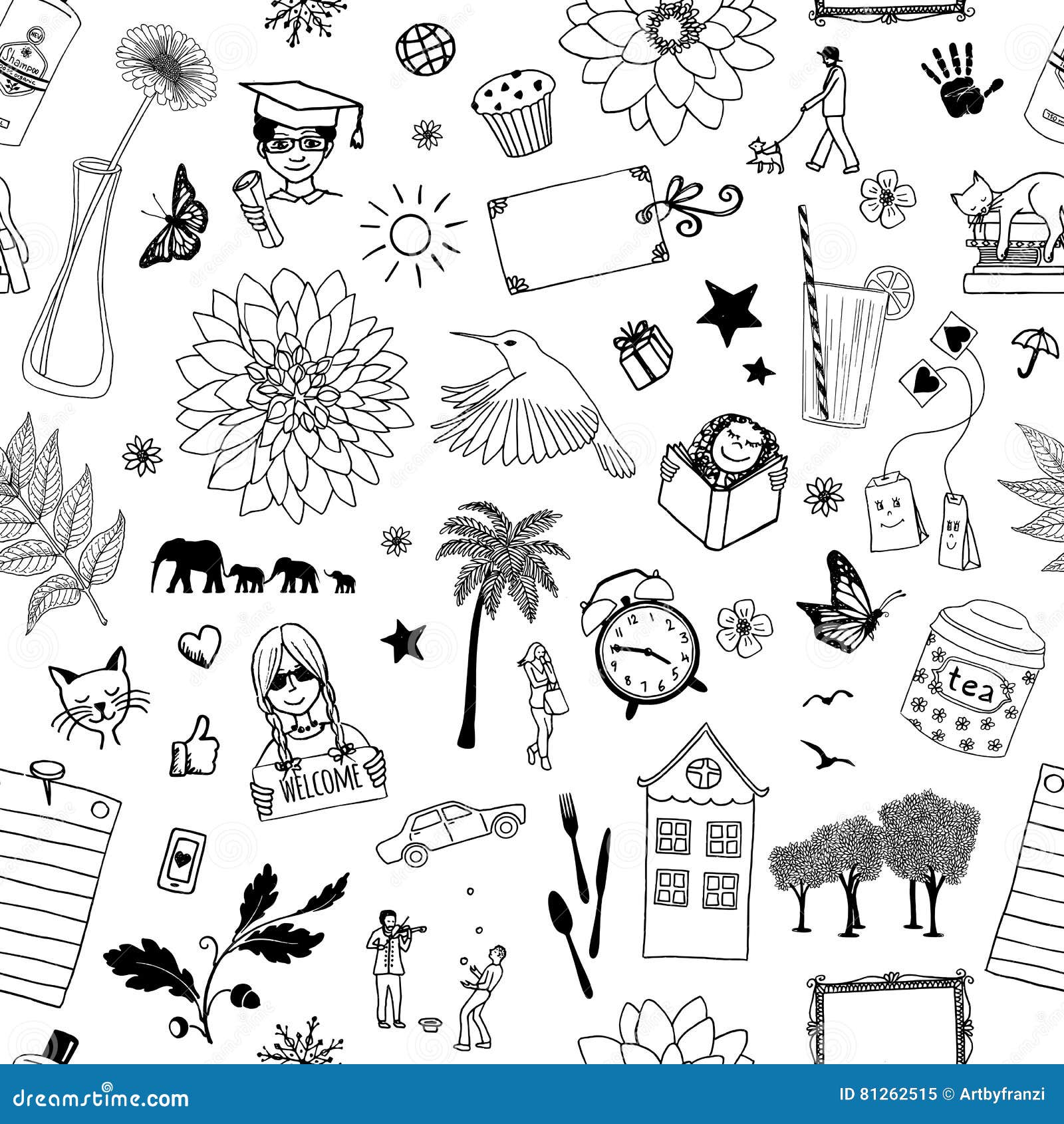 Seamless Pattern of Random Items Stock Vector - Illustration of girly ...
