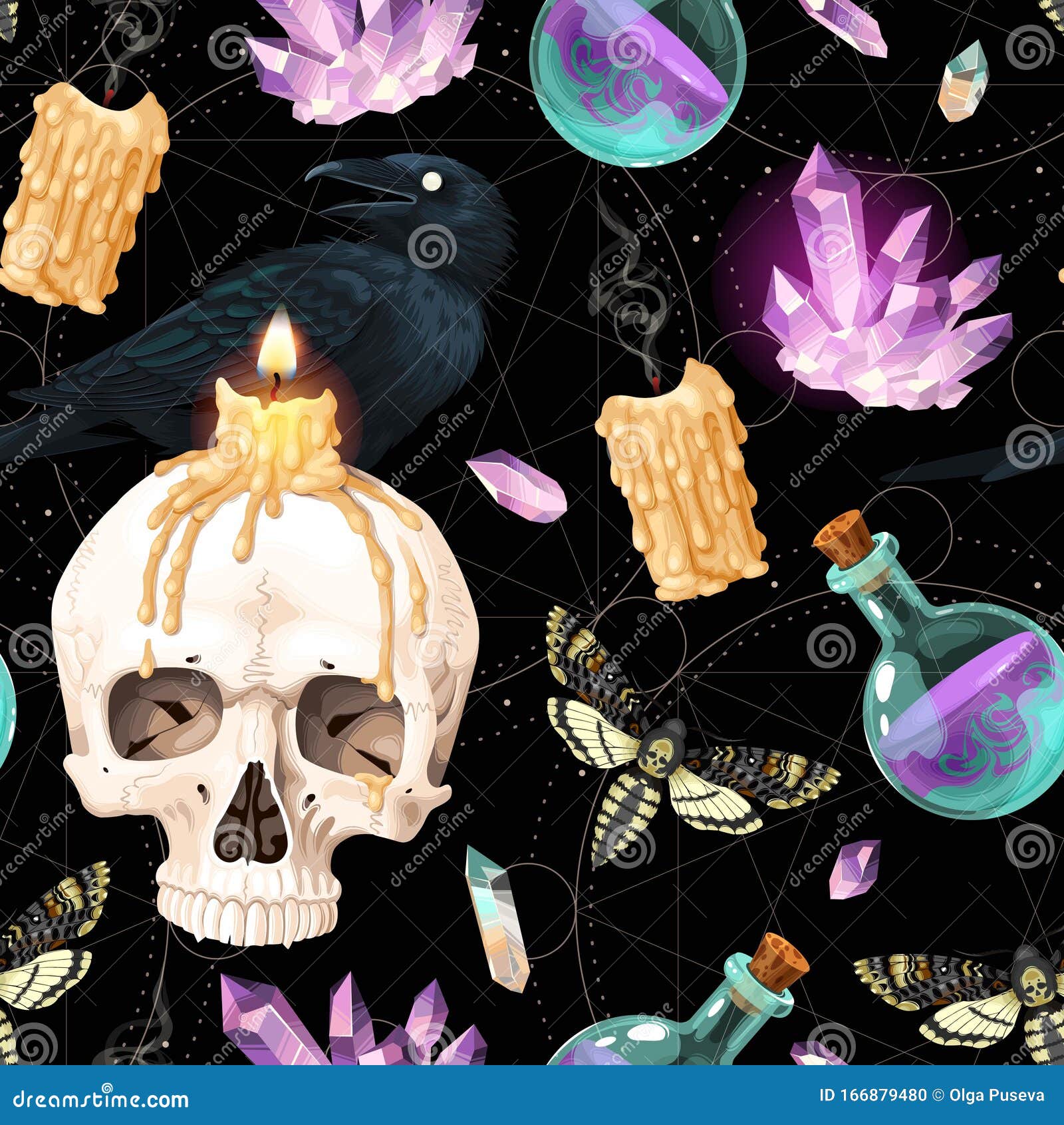 Seamless Pattern With Raven And Human Skull Vector Illustration ...