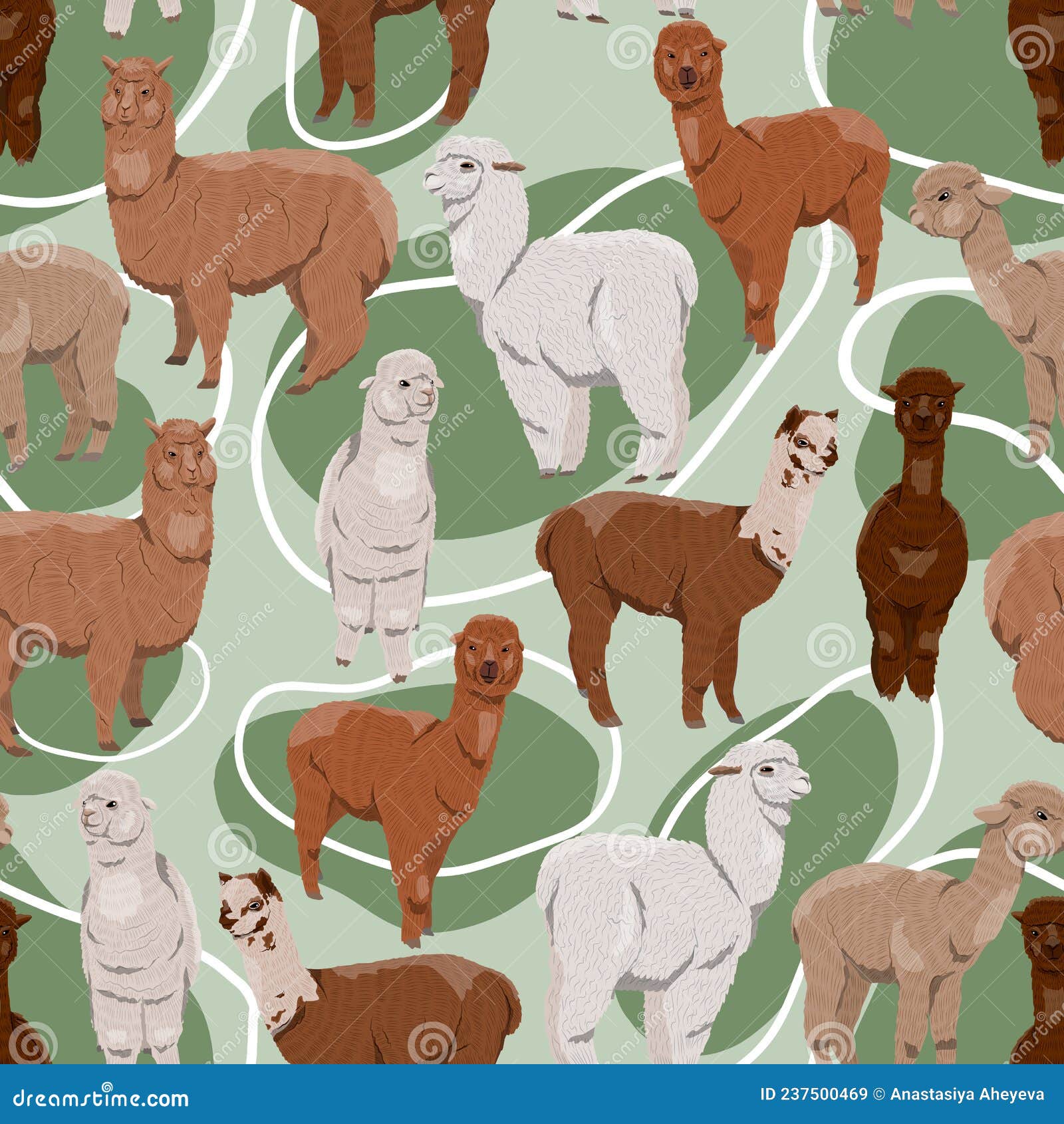 Seamless Pattern With Realistic Alpacas Lama Pacos In Different Colors ...