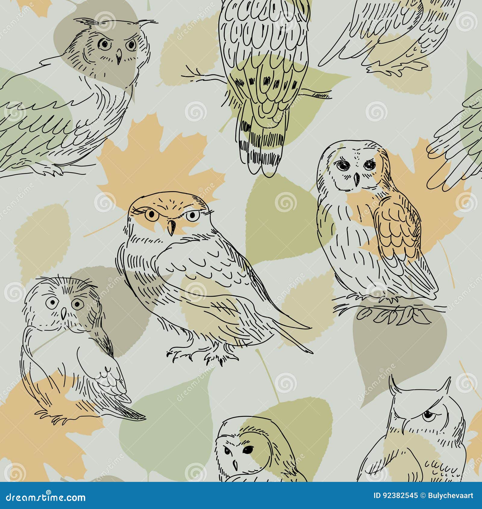 Seamless Pattern with Realistic Owls on the Background of Leaves Stock ...