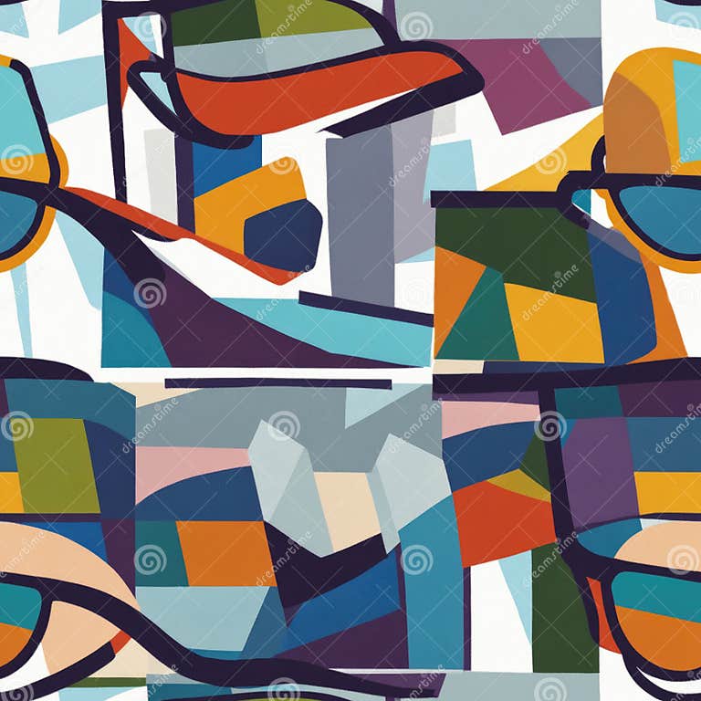 Seamless Pattern of Rectangular Shapes Mixed with Colorful Stylized Faces in Digital Modern ...