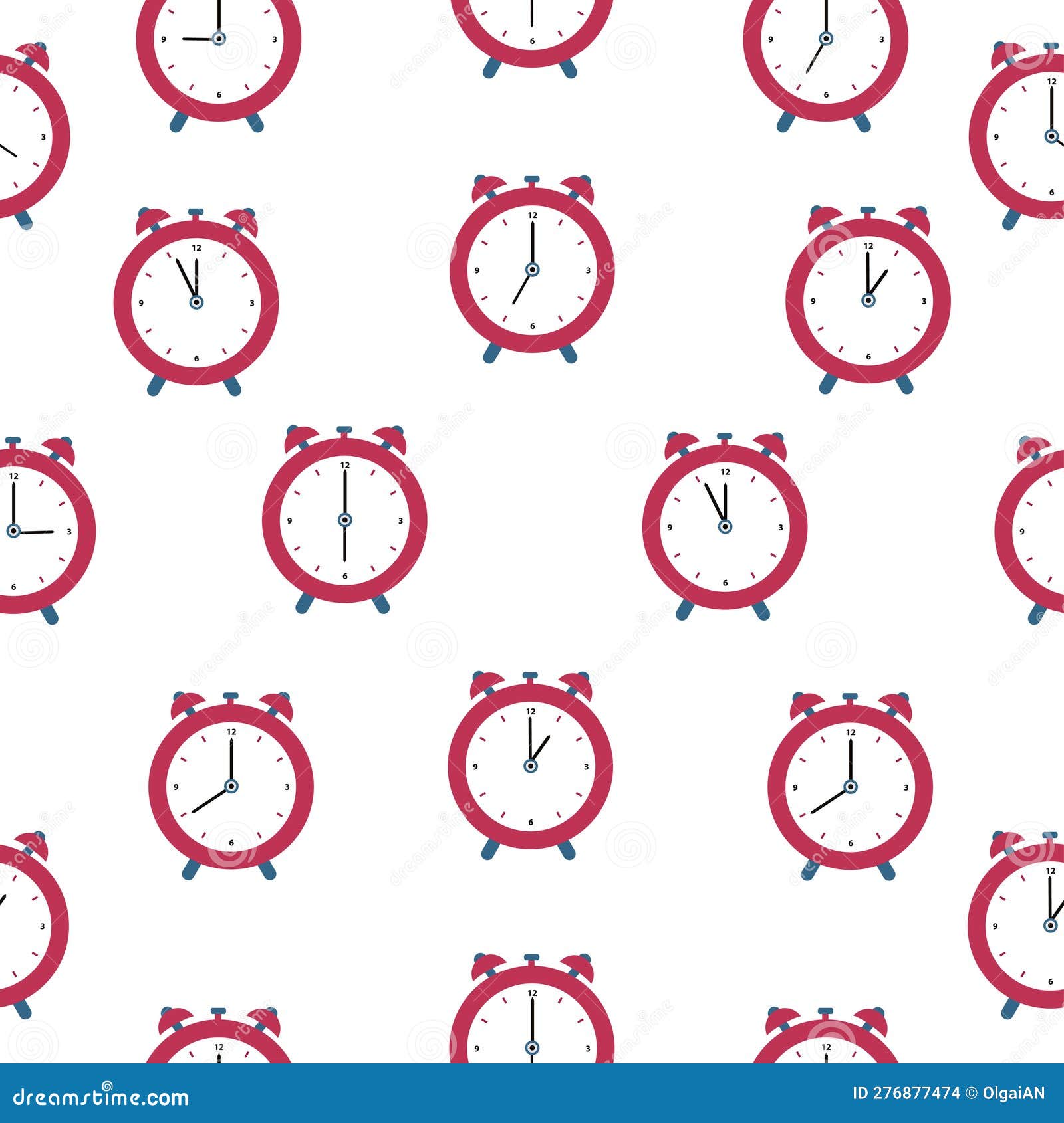 Seamless Pattern of Red Alarm Clocks Showing Different Times. Vector ...