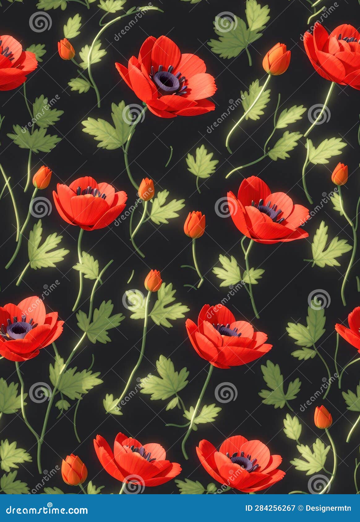 Seamless Pattern with Red Anemone Trollius Flowers Illustration in 3d ...