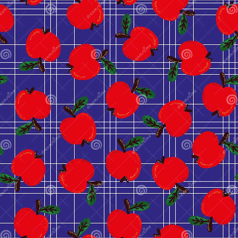 Seamless Pattern with Red Apples on a Blue Checkered Background Stock ...