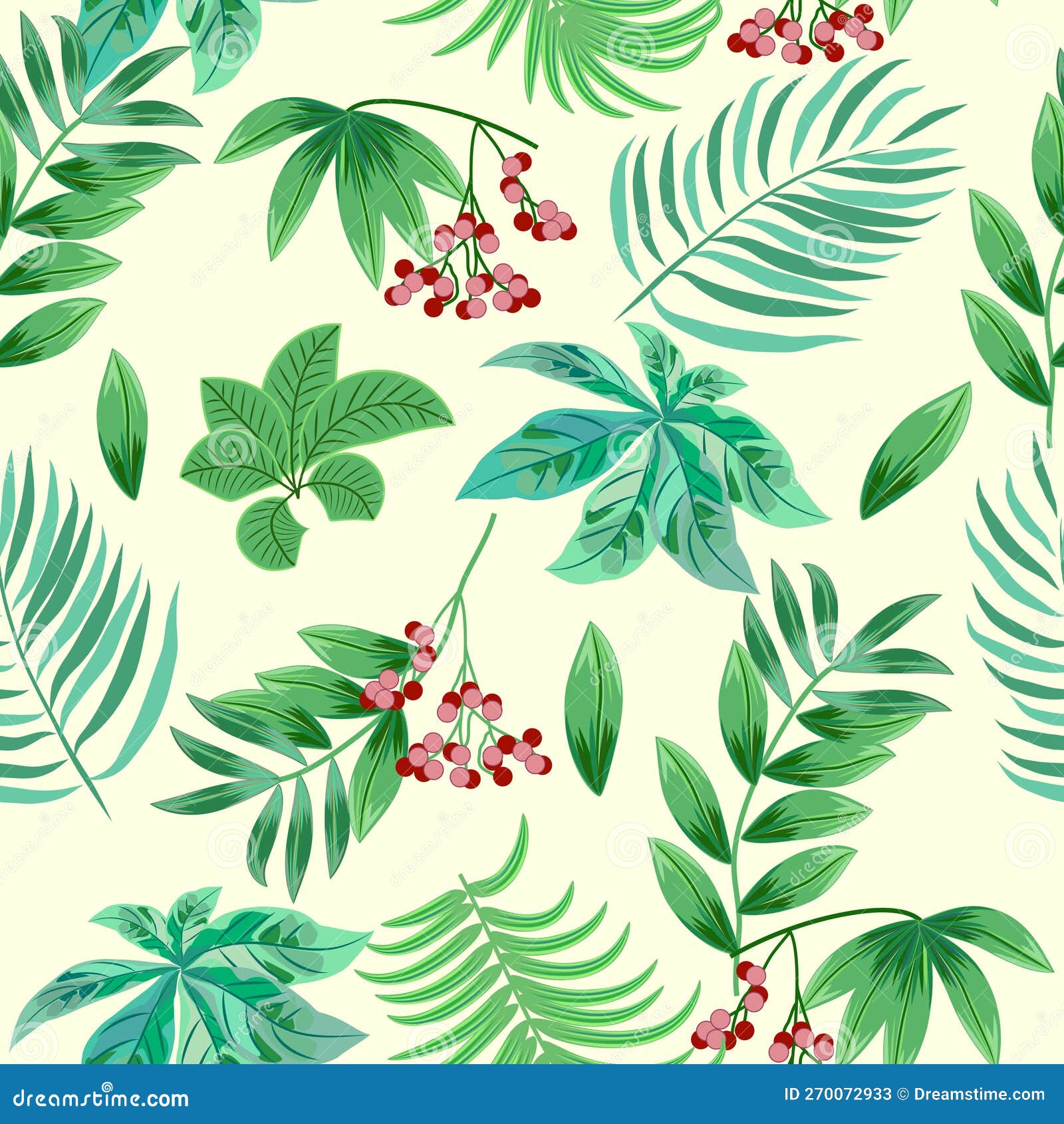 Seamless Pattern with Red Berries and Tropical Leaves of Palm Tree ...