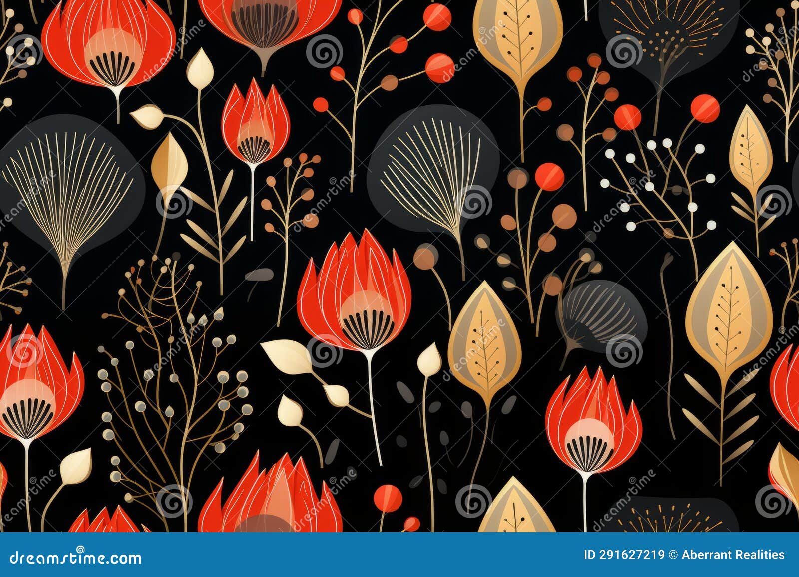 Seamless Pattern with Red and Black Flowers and Leaves on a Black ...