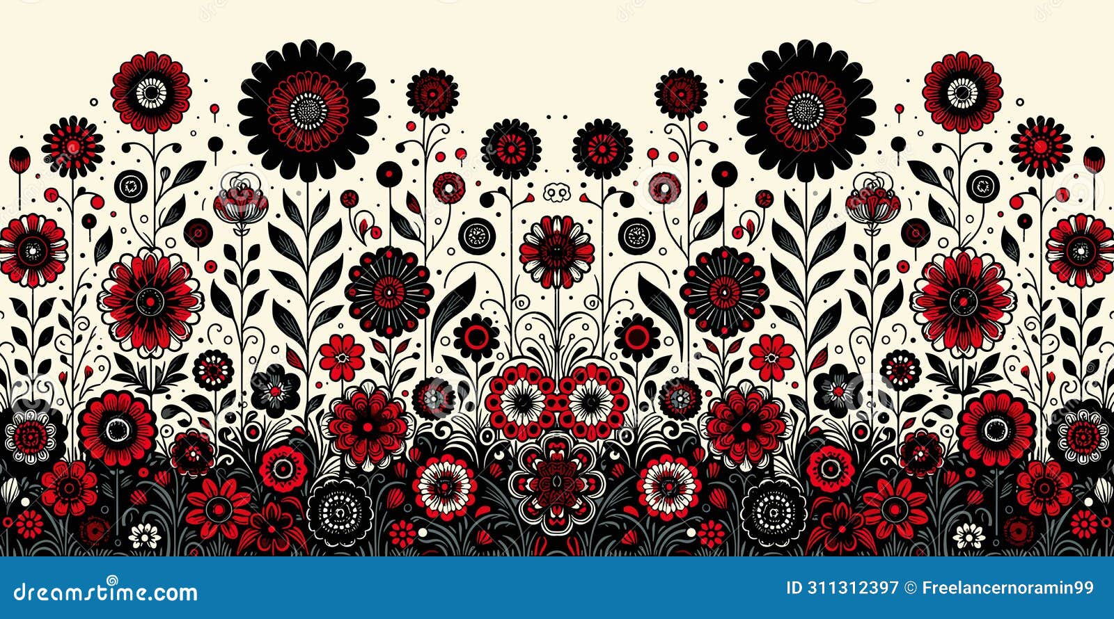 Seamless Pattern with Red and Black Flowers on a White Background ...