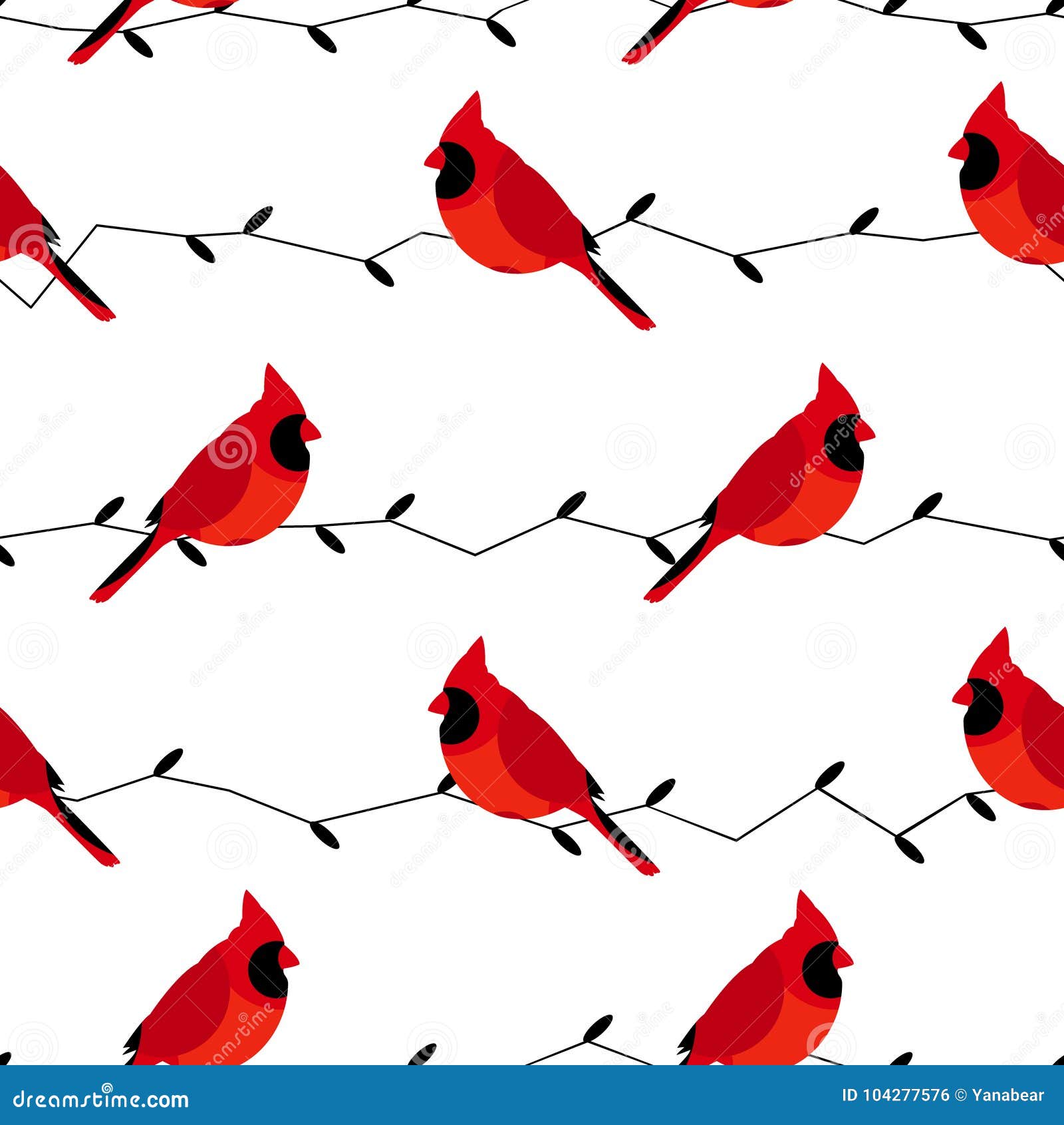 Seamless Pattern with Red Cardinal and Branches. Flat Design Style ...