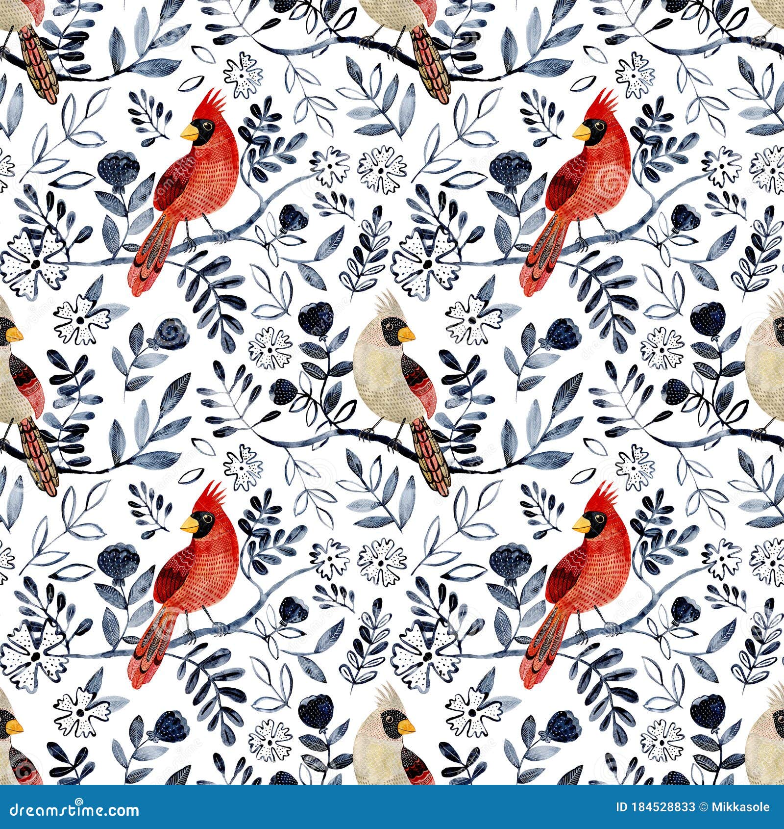 Seamless Pattern with Red Cardinal and Branches. Holiday Watercolor ...