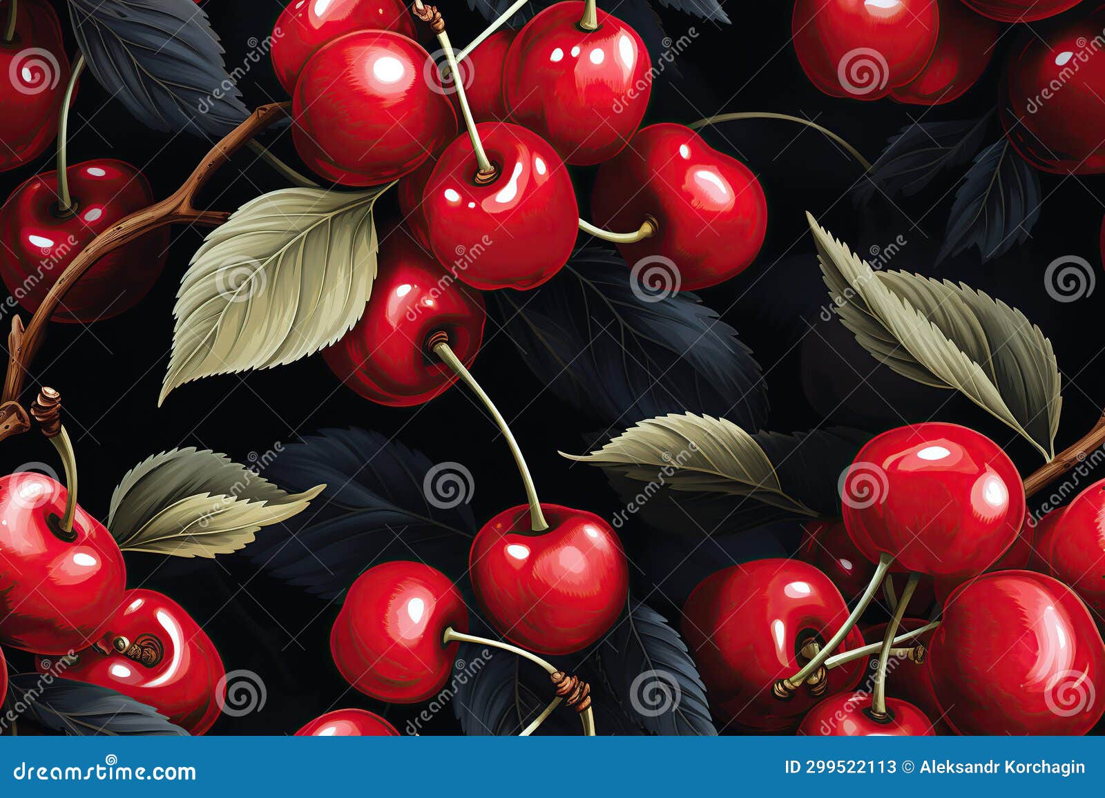 Seamless Pattern with Red Cherry Berries on Black Background Stock ...