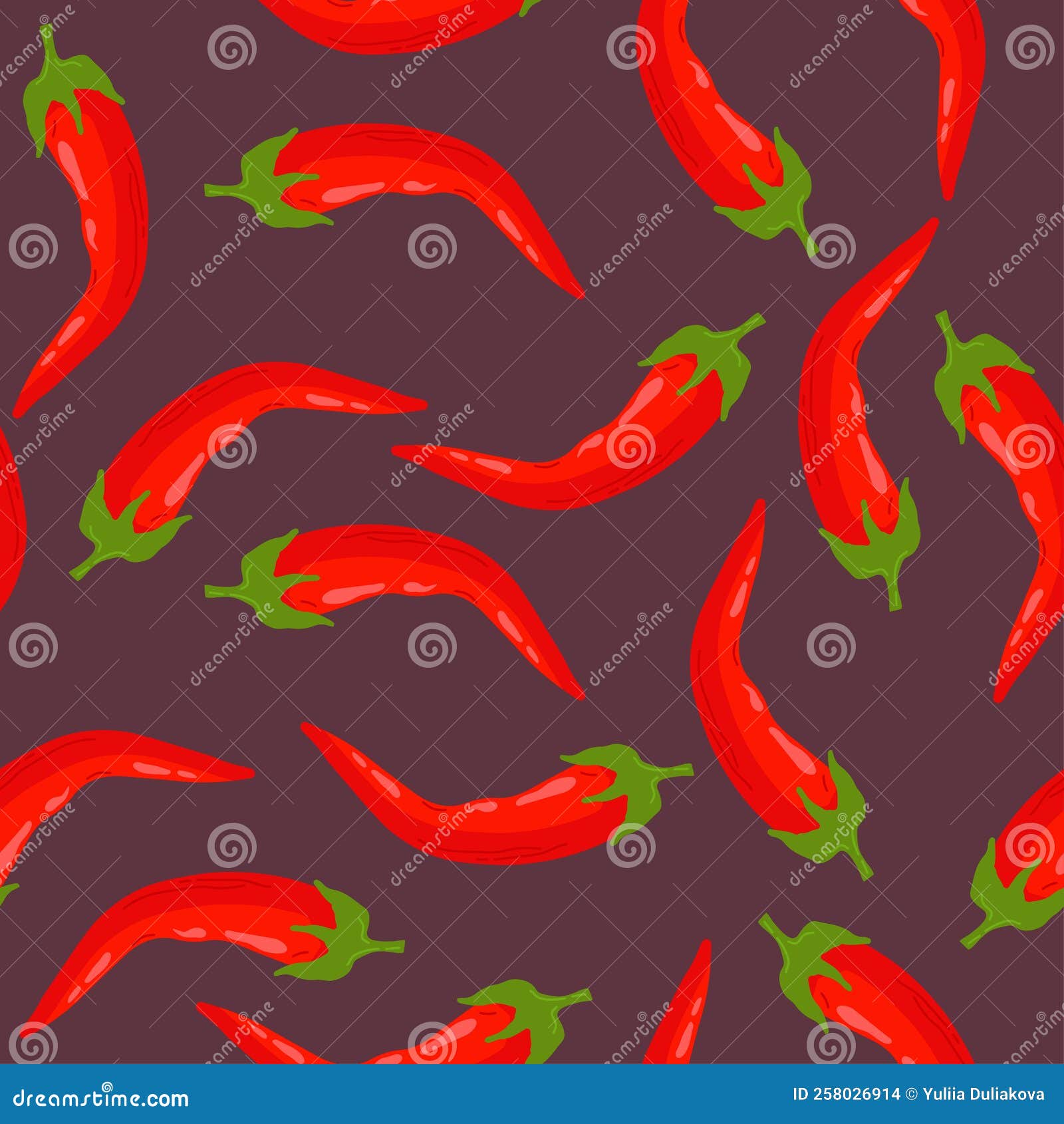 Seamless Pattern with Red Chili on Red Background. Hand Drawn Vector ...