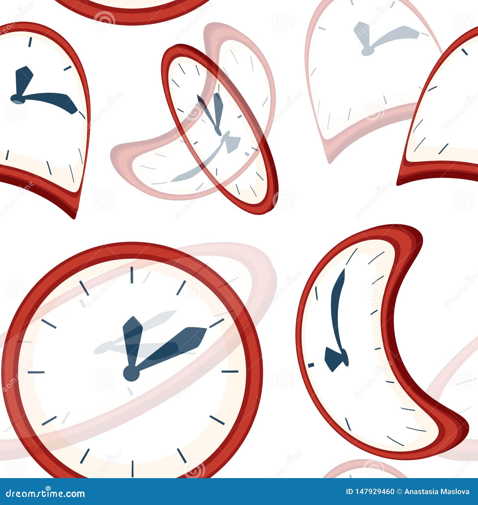 Seamless Pattern. Red Clock Faces with Blue Pointers. Deformed and ...