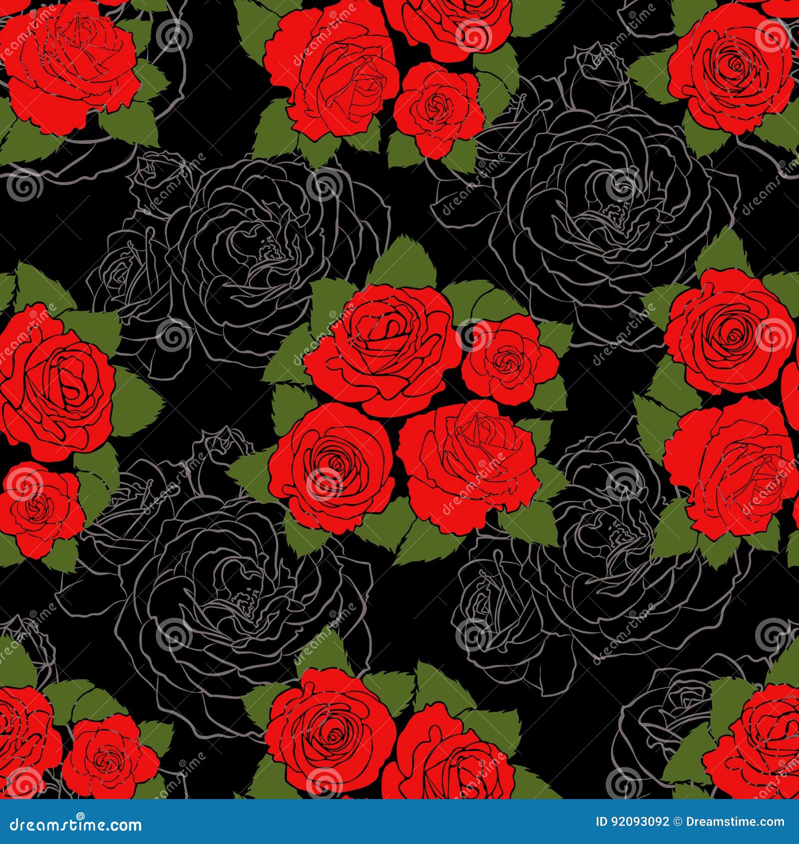 Seamless Pattern with Red Colored and Lined Roses Stock Vector ...