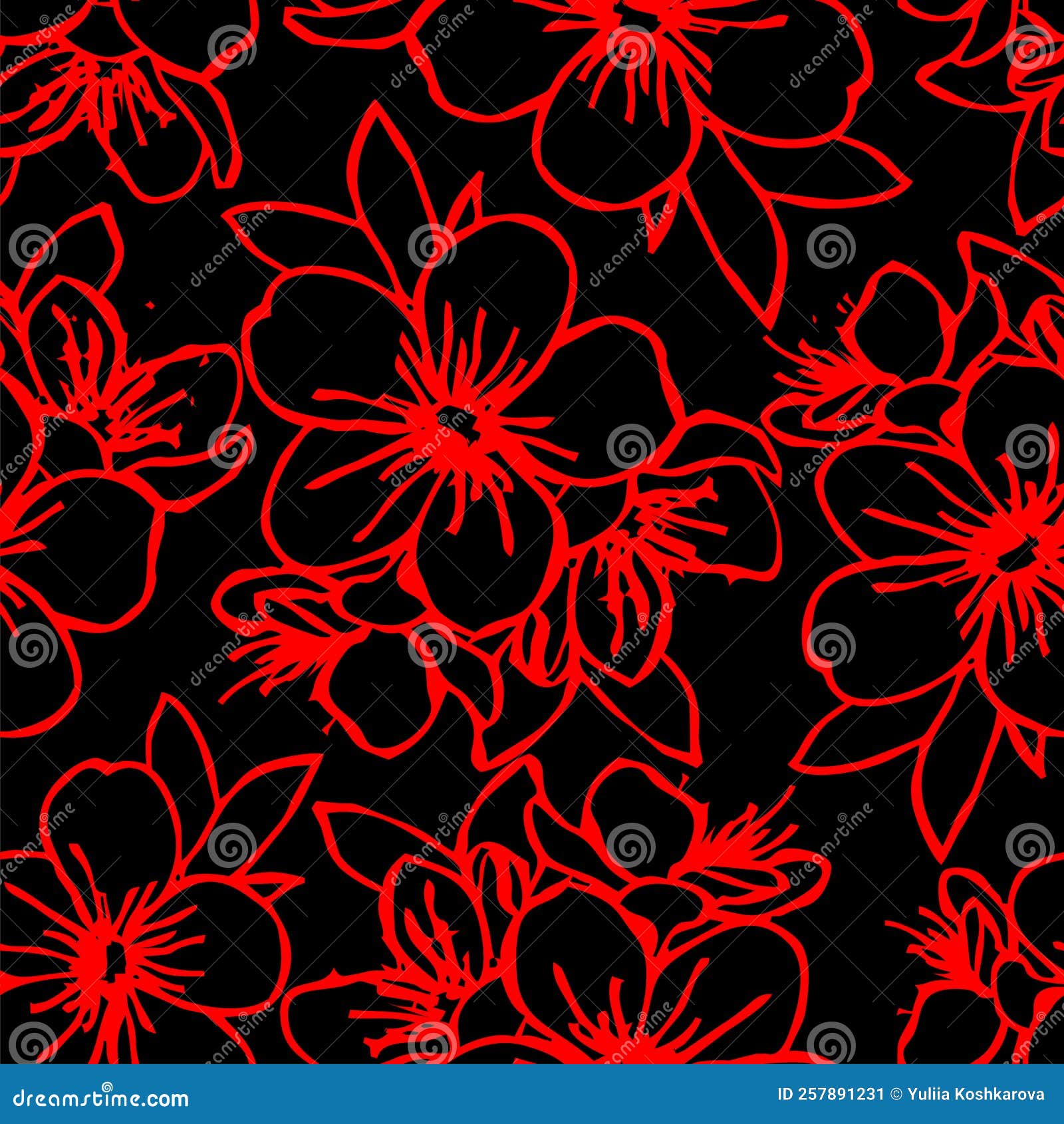 Seamless Pattern of Red Contours of Flowers on a Black Background ...