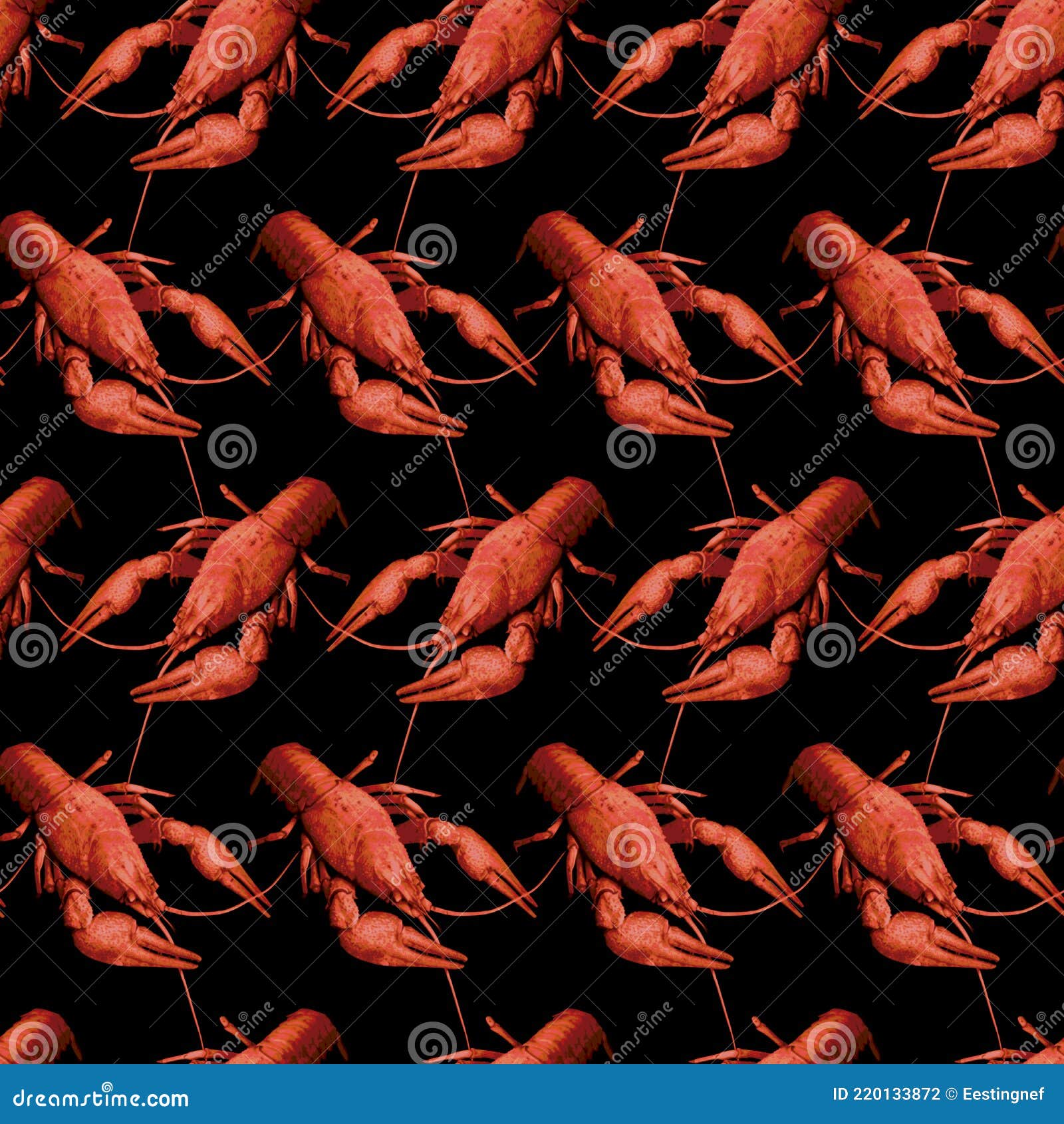 Seamless Pattern with Red Crayfish on Black Background. Endless ...