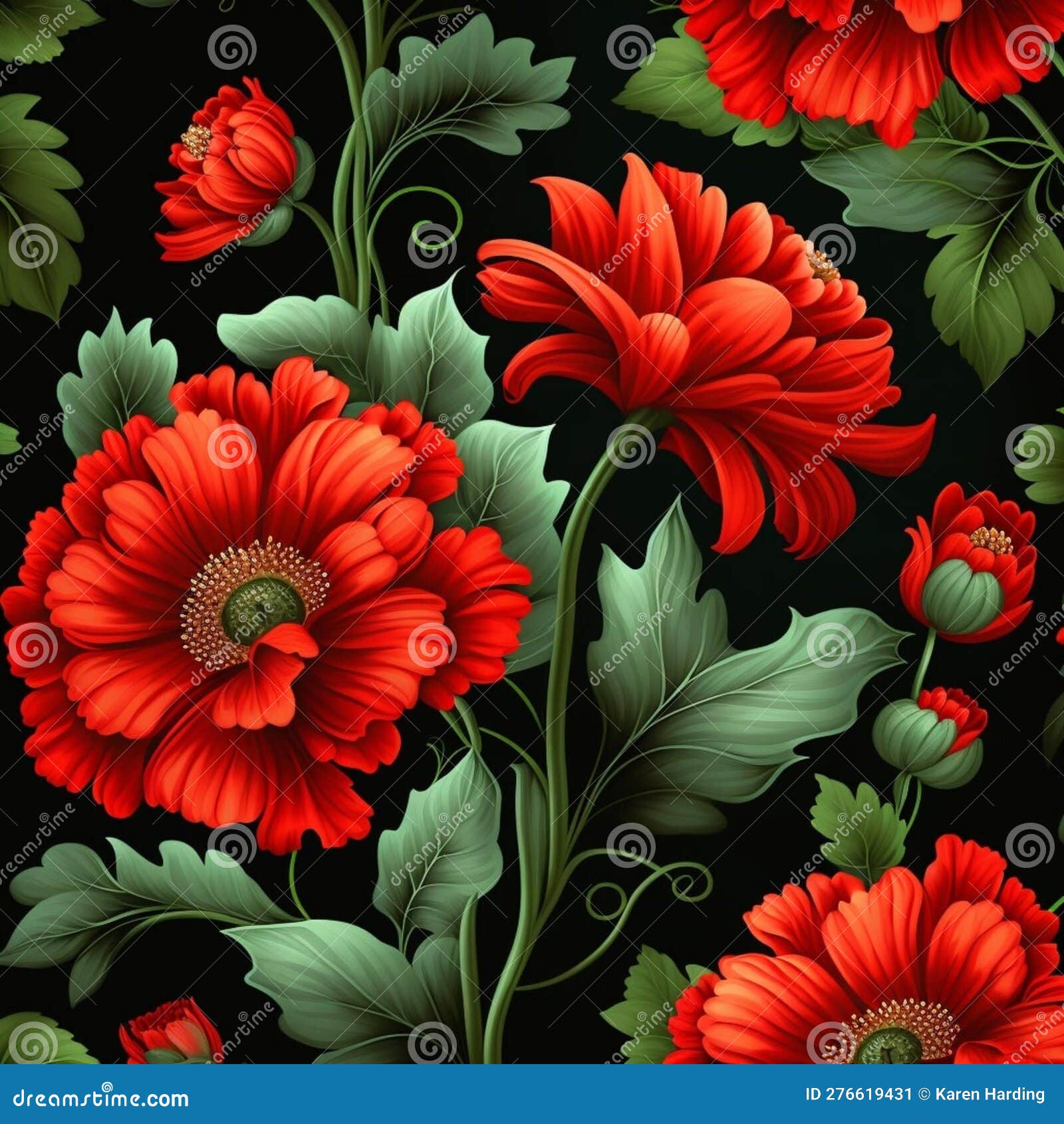 Seamless Pattern of Red Flowers on Black Background Stock Illustration ...