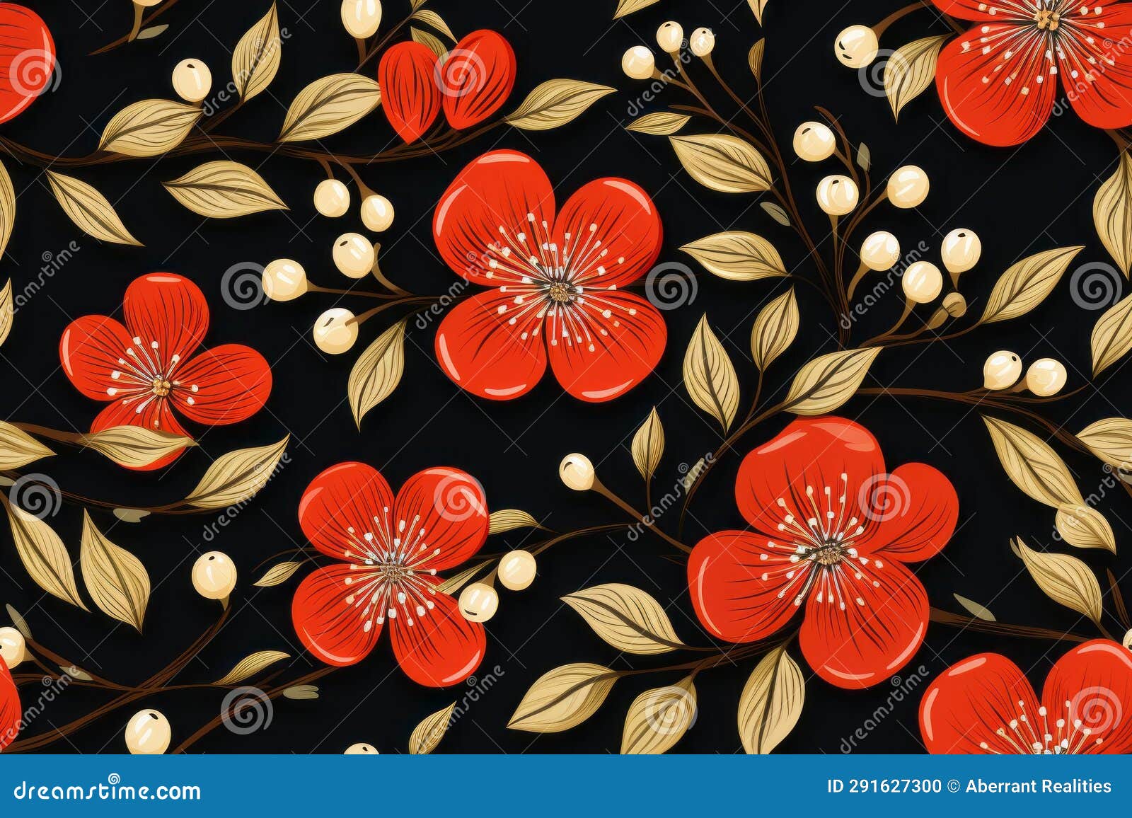 Seamless Pattern with Red Flowers and Leaves on Black Background Stock ...
