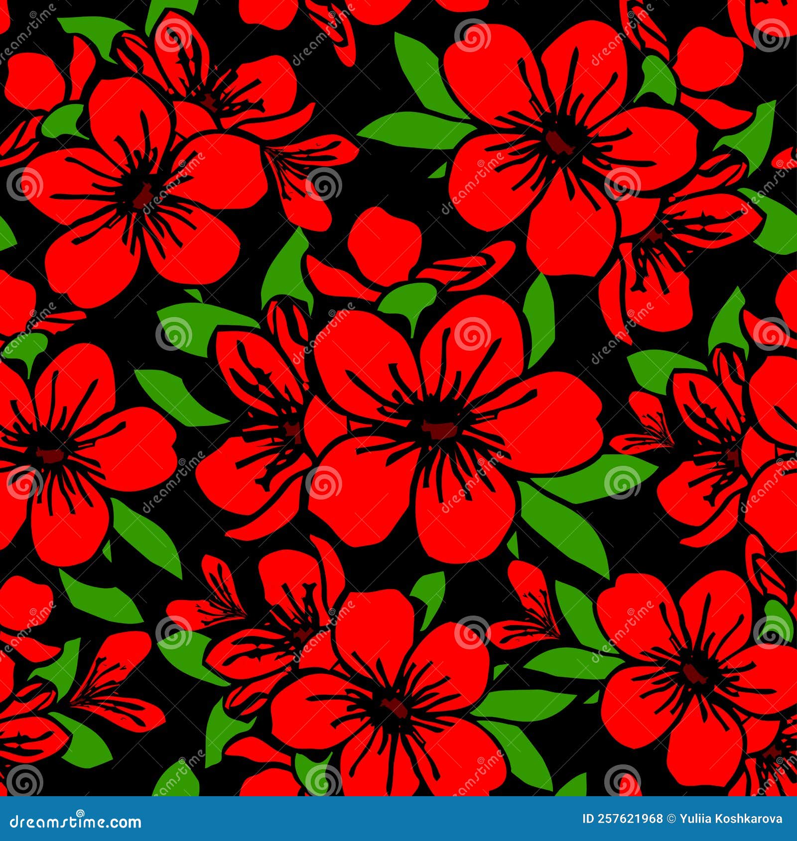 Seamless Pattern of Red Large Exotic Flowers with a Black Outline on a ...