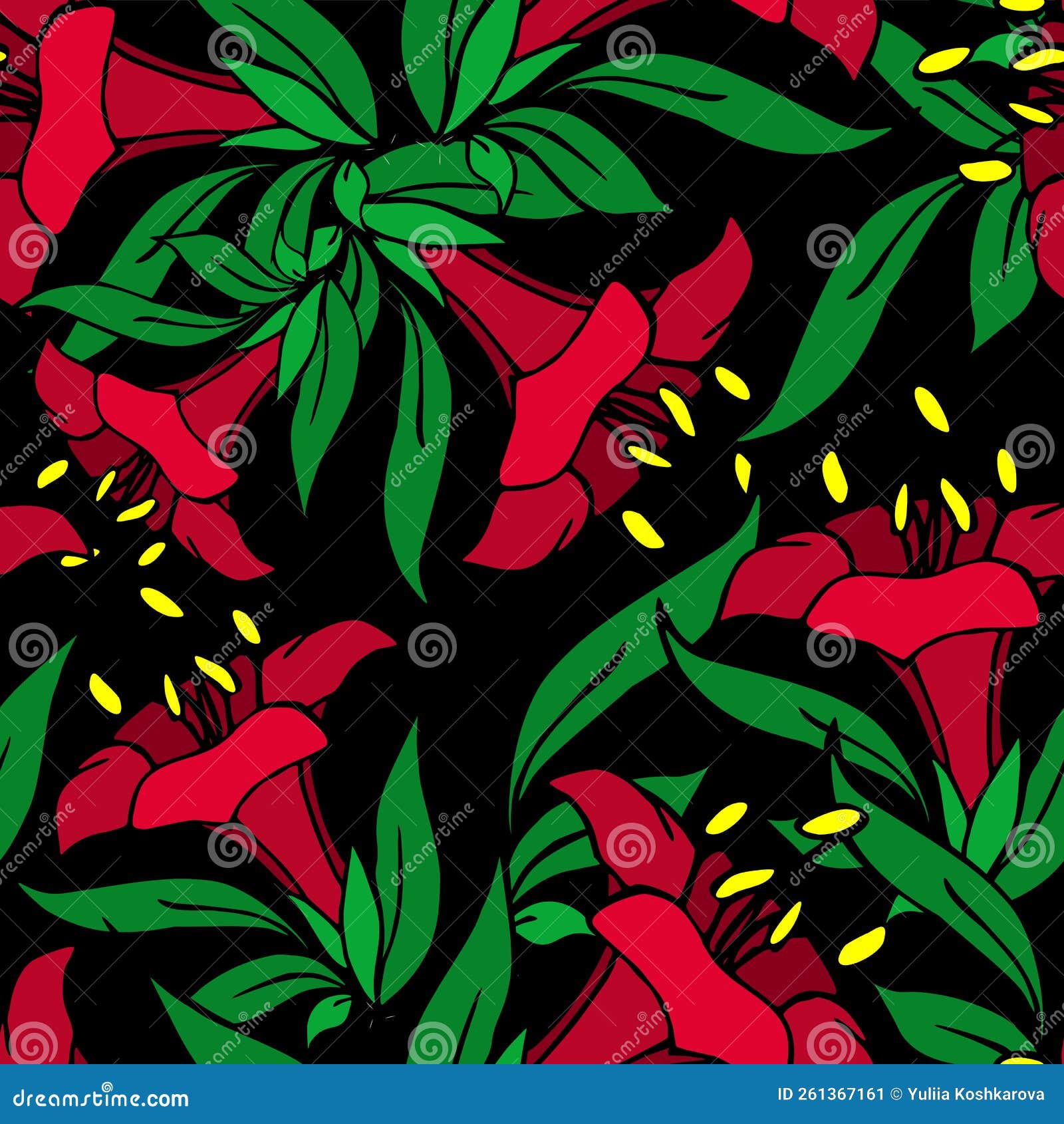 Seamless Pattern of Red Large Exotic Flowers with a Black Outline on a ...