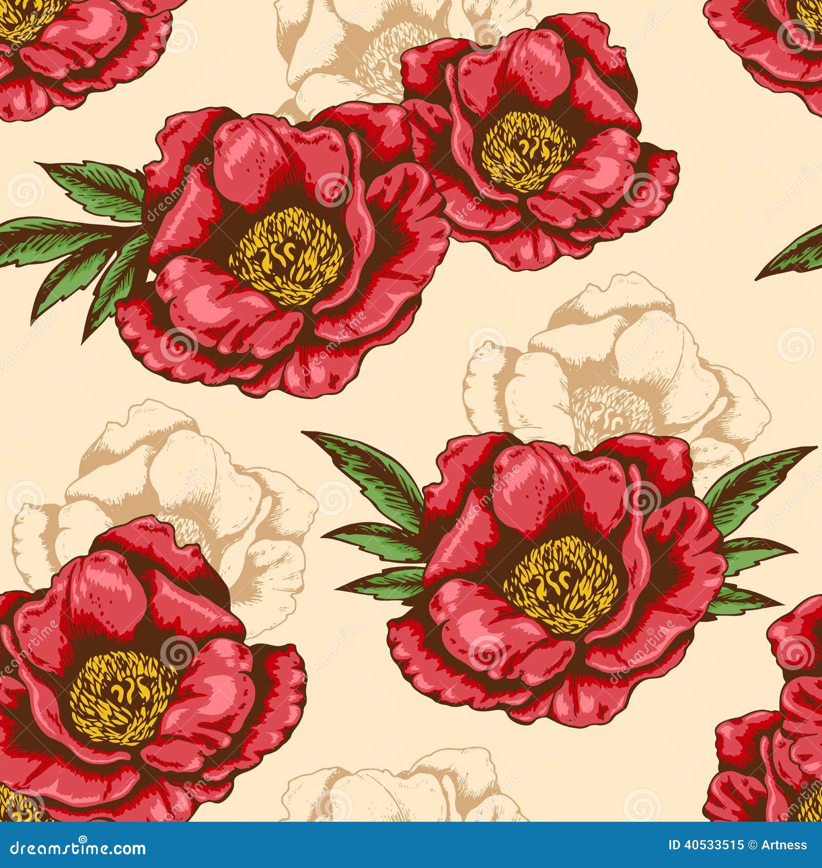 Seamless Pattern with Red Peony Stock Vector - Illustration of vector ...