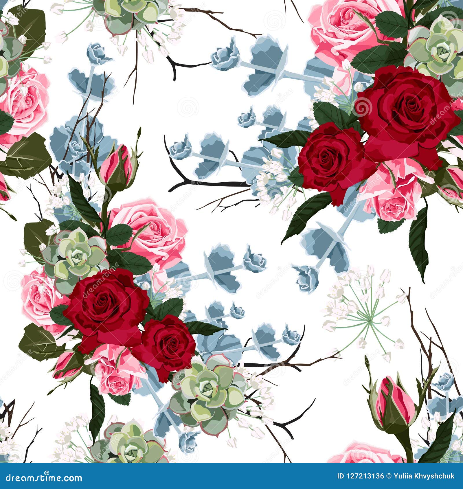 Seamless Pattern with Red Pink Roses and Succulent, Vector Illustration ...