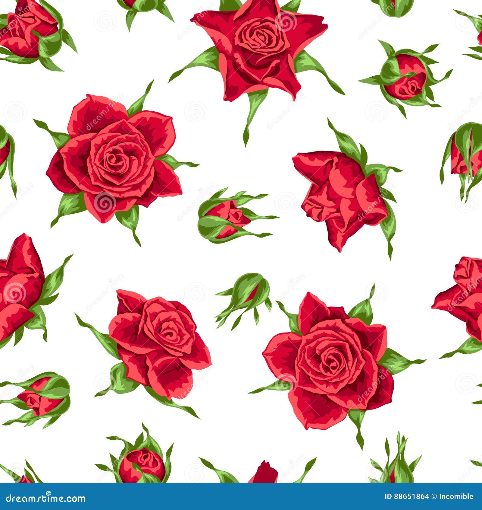 Seamless Pattern with Red Roses. Beautiful Realistic Flowers, Buds and ...