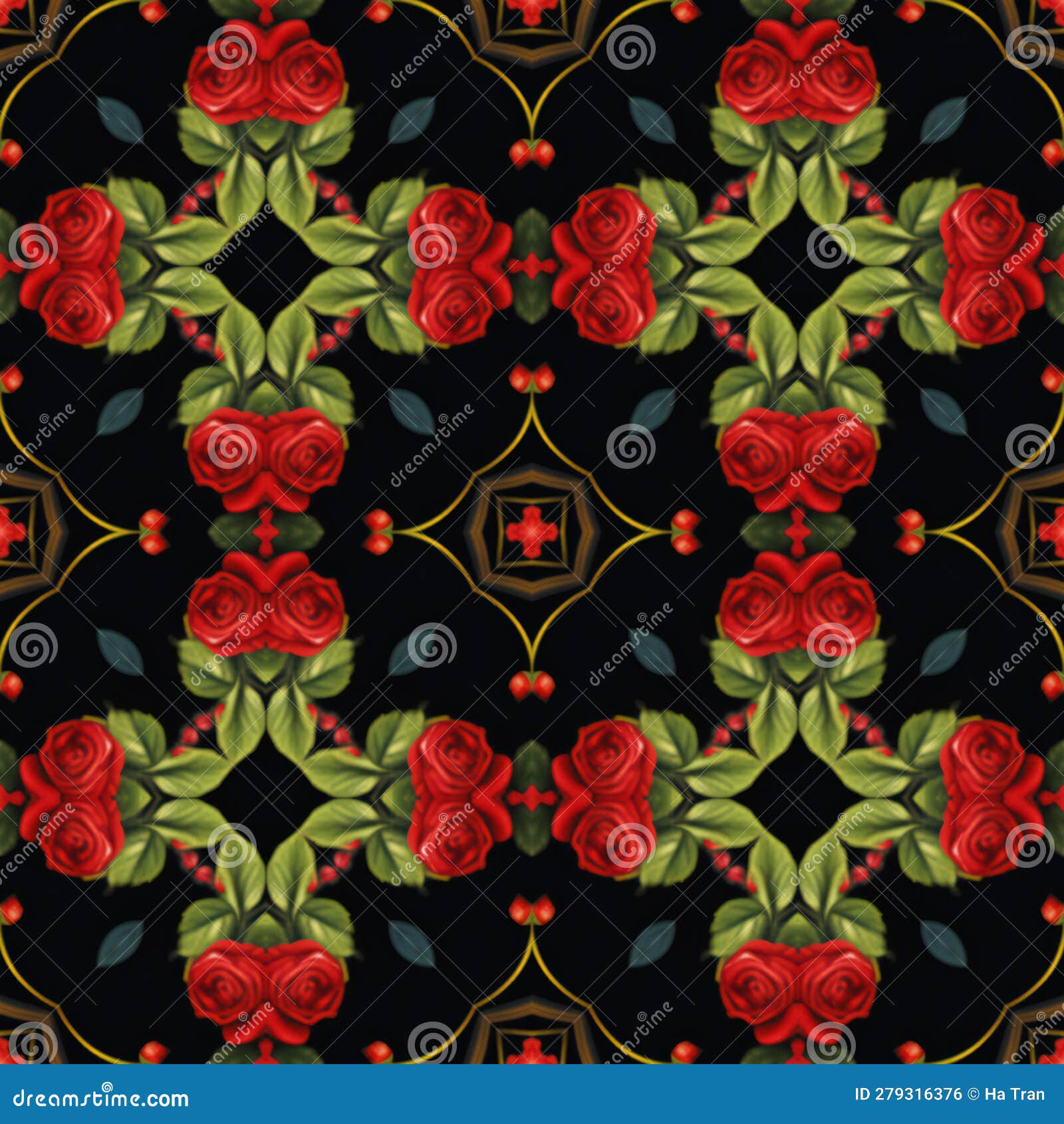 Seamless Pattern with Red Roses on Black Background, Vector ...