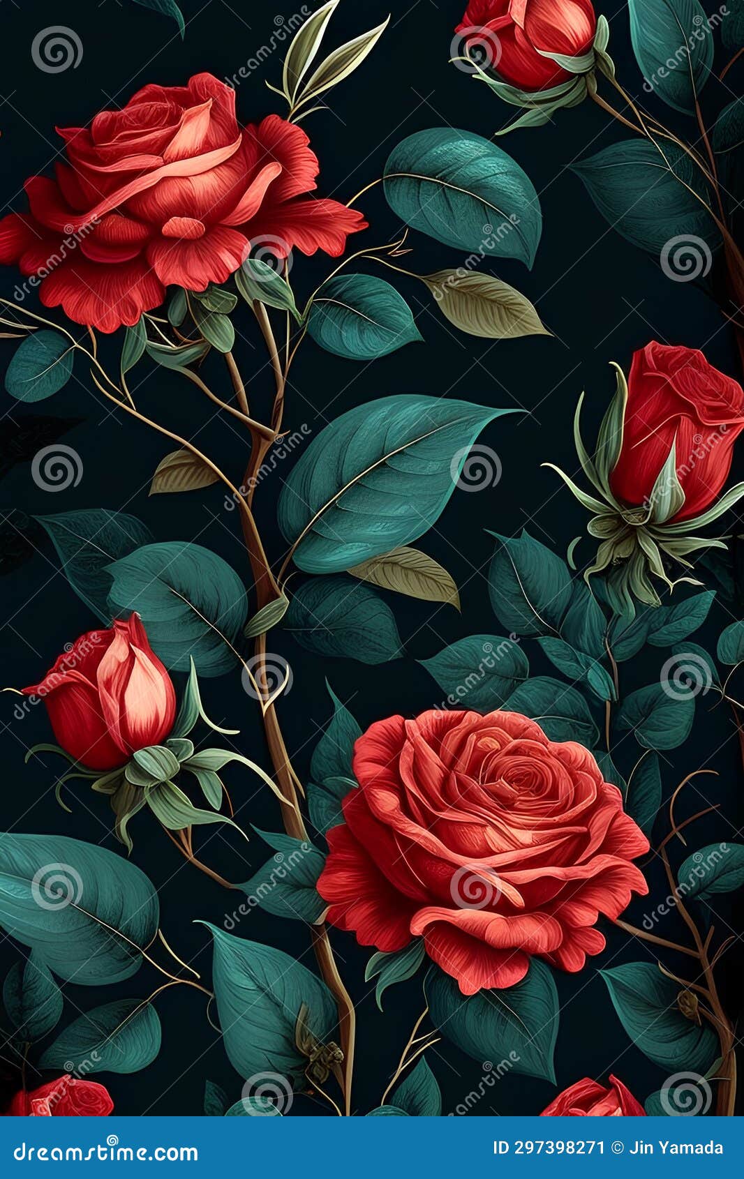 Seamless Pattern with Red Roses and Green Leaves on Dark Blue ...