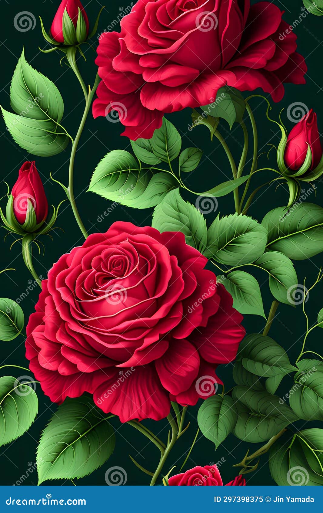 Seamless Pattern with Red Roses and Green Leaves. Vector Illustration ...