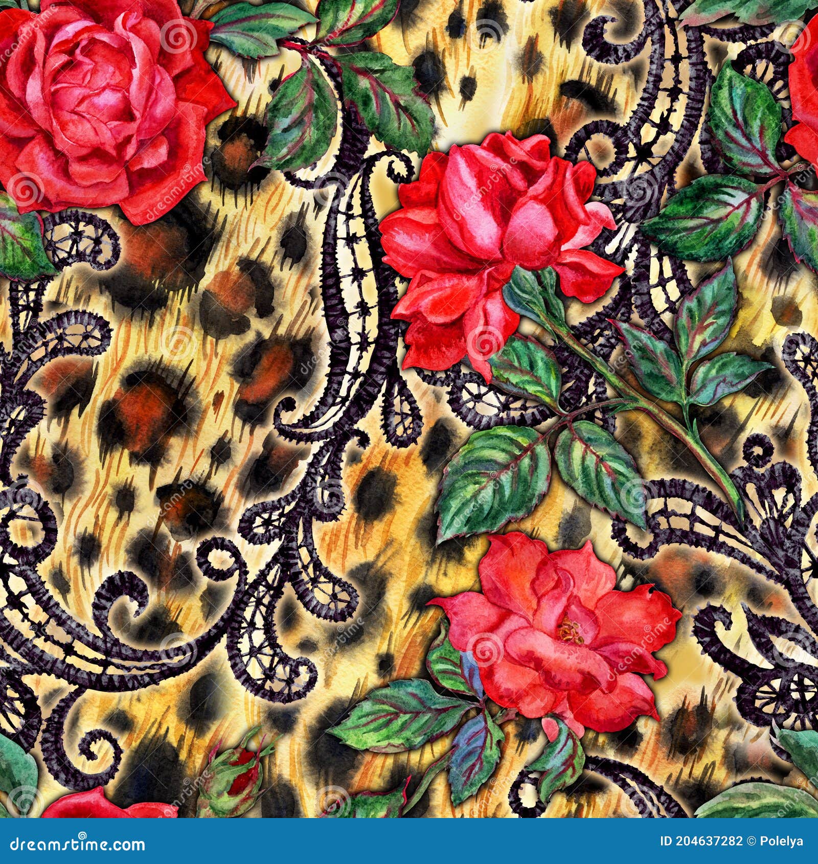 Seamless Pattern of Red Roses and Laces on a Leopard Background. Stock ...