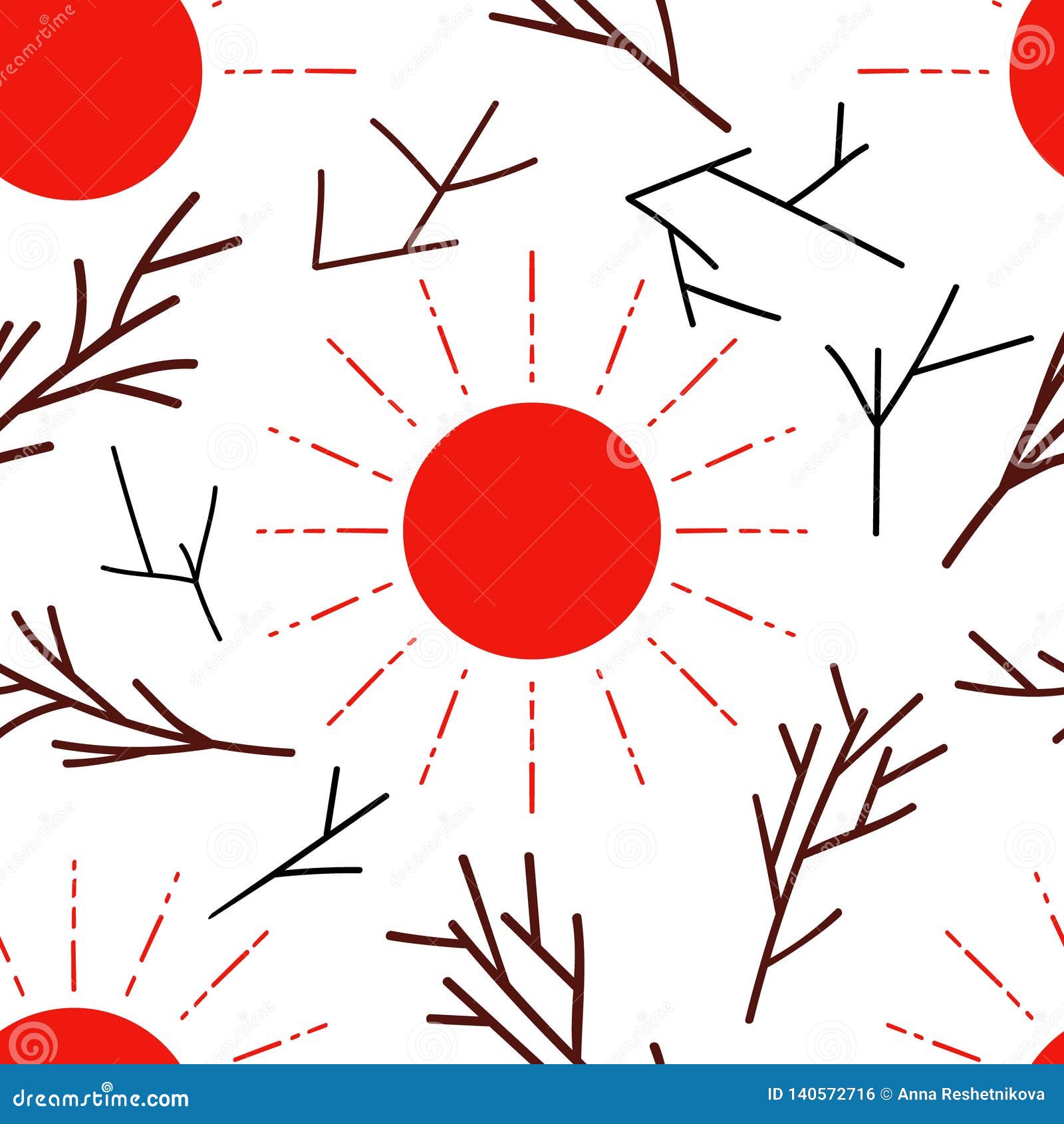 Seamless Pattern with Red Sun and Branches Stock Vector - Illustration ...