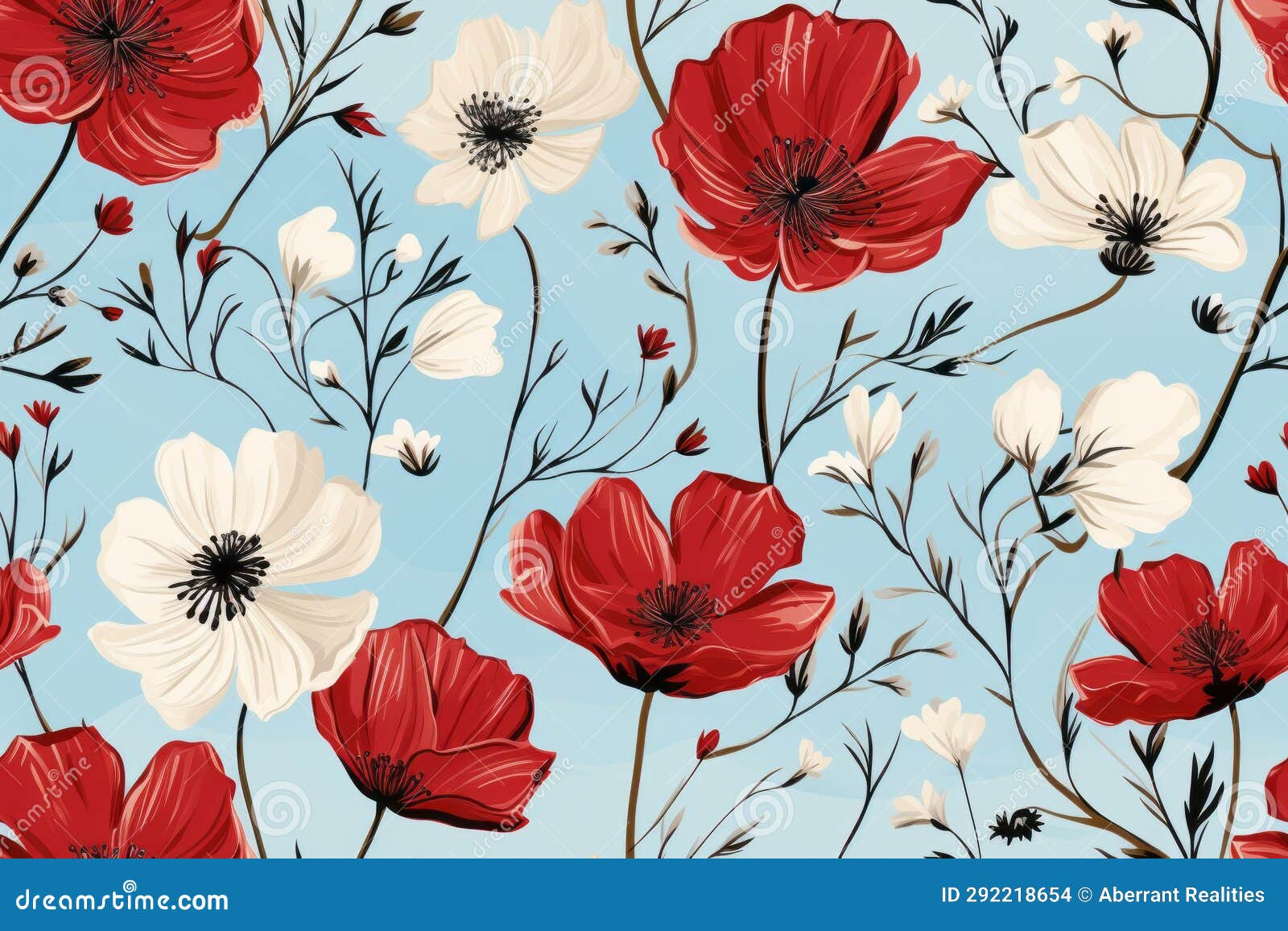 Seamless Pattern with Red and White Poppies on a Blue Background Stock ...