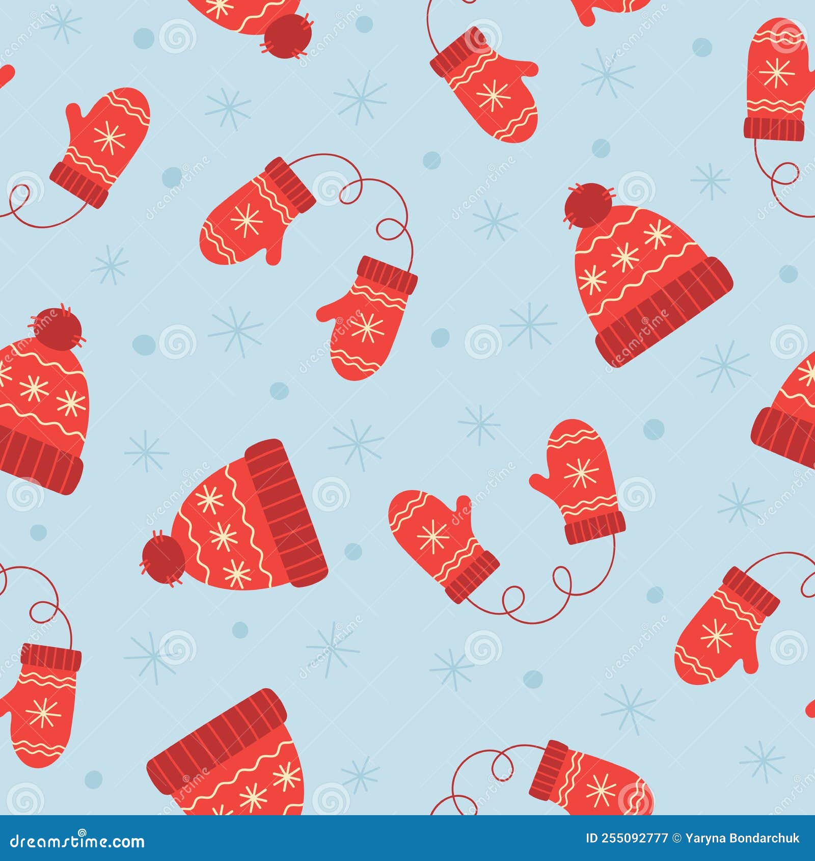 Seamless Pattern of Red Winter Hat and Mittens. Winter Elements on Blue ...