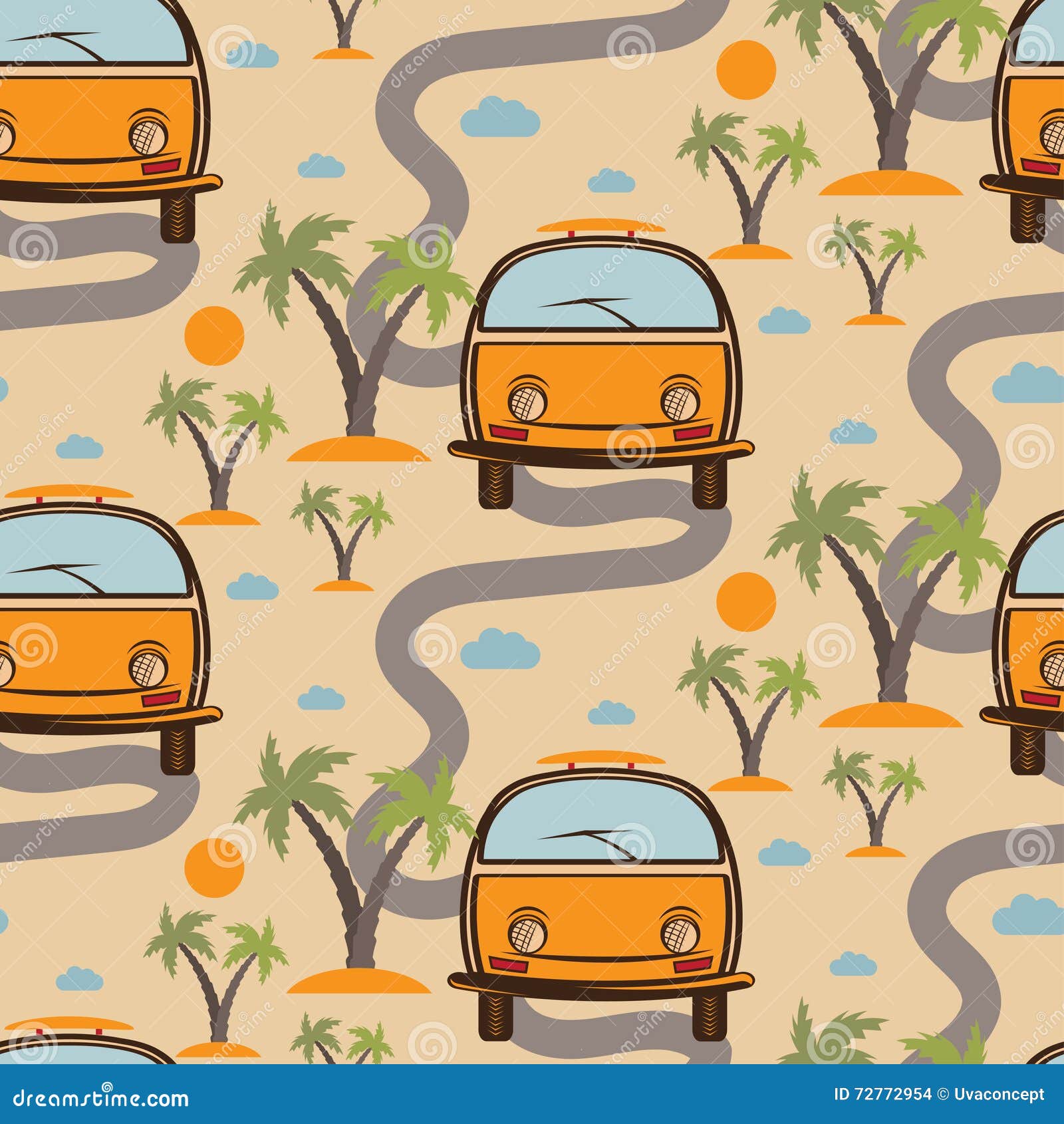 Seamless Pattern of Retro Bus Surfboard in Beach with Palms Stock ...