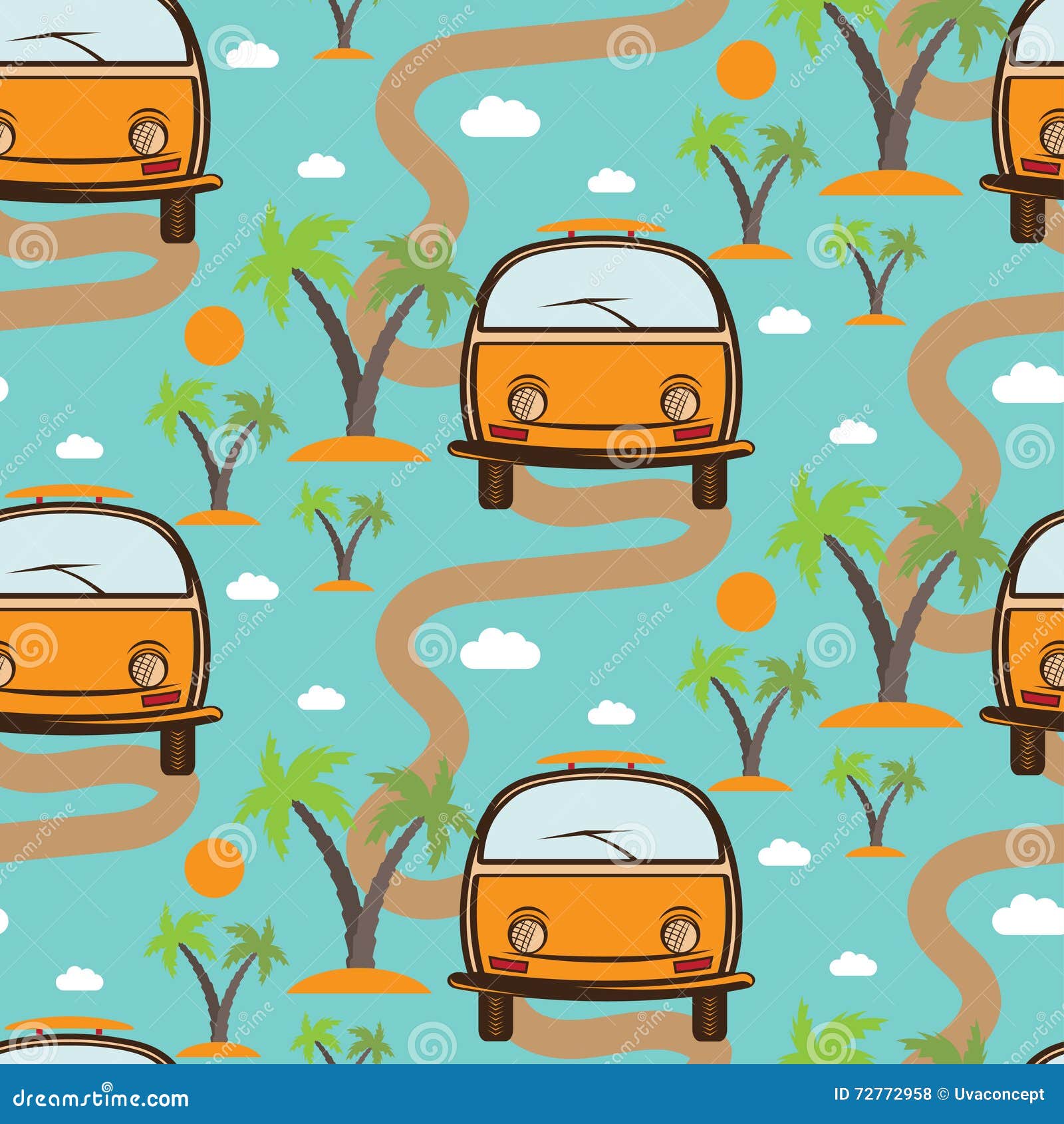 Seamless Pattern of Retro Bus Surfboard in Beach with Palms Stock ...