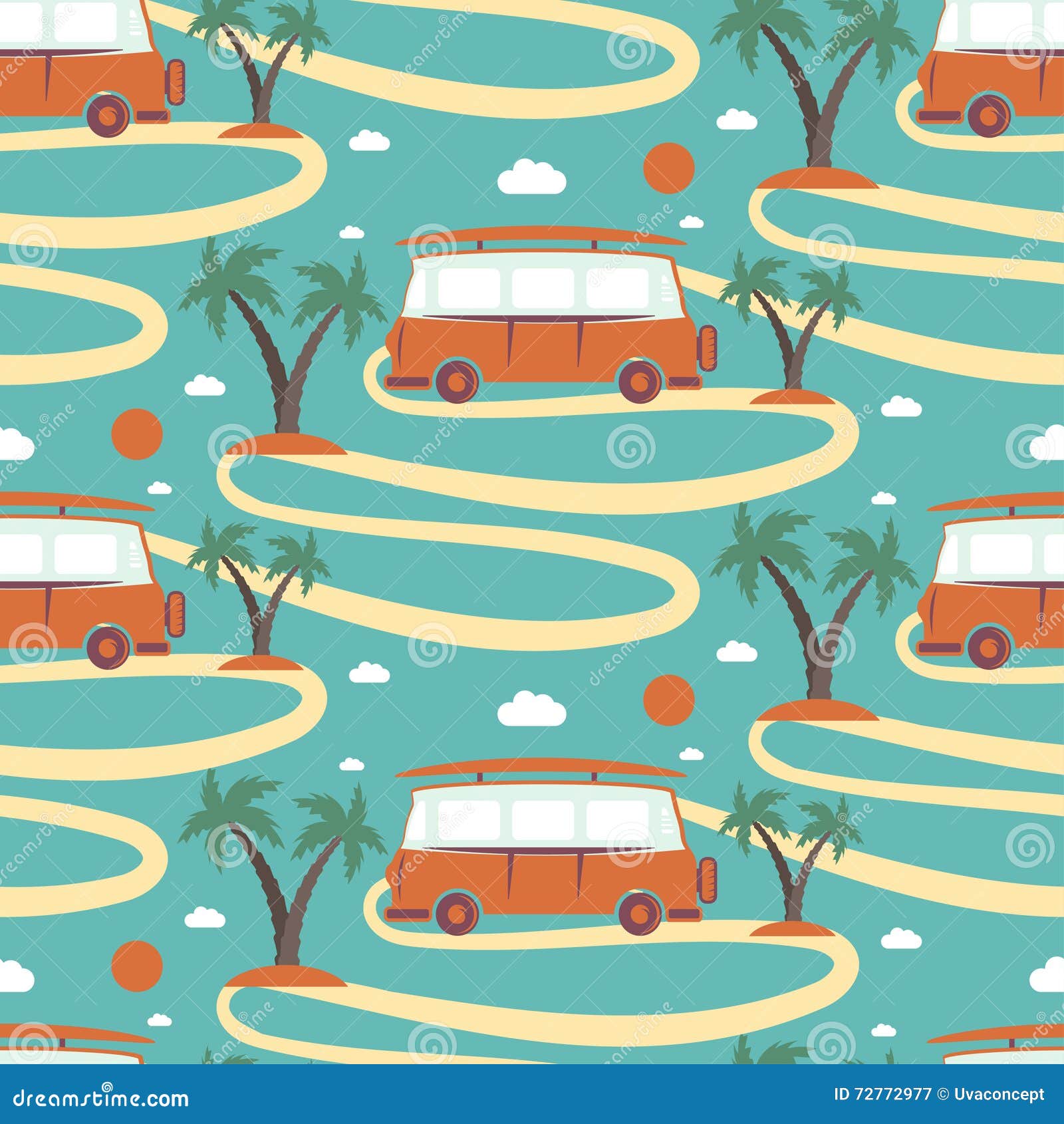 Seamless Pattern of Retro Bus Surfboard in Beach with Palms Stock ...