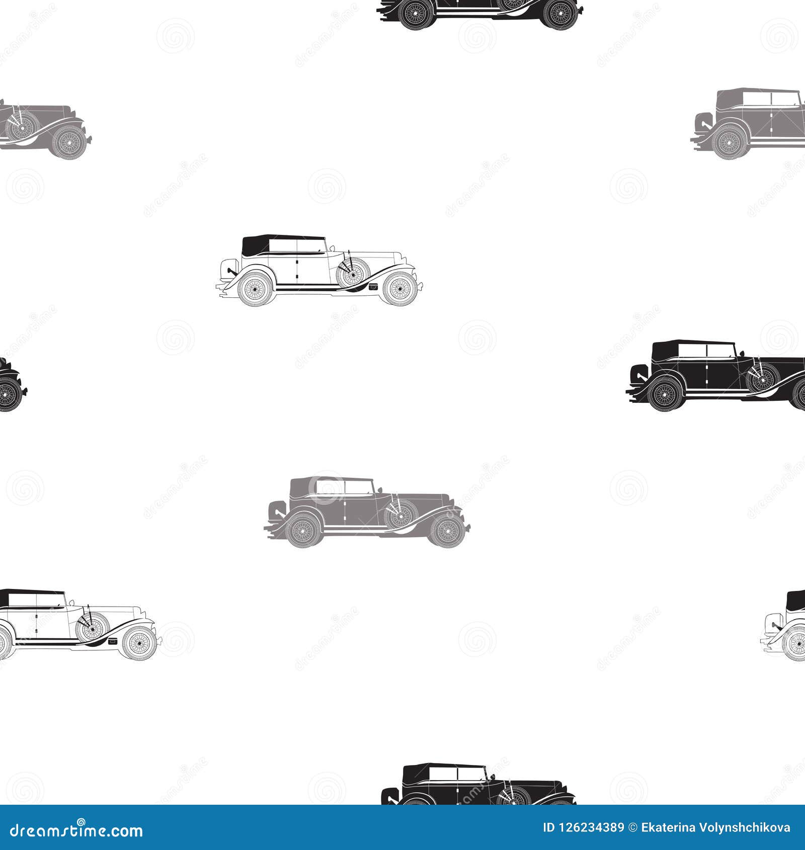 Seamless Pattern with Retro Car, Black and White Retro Pattern, Black ...
