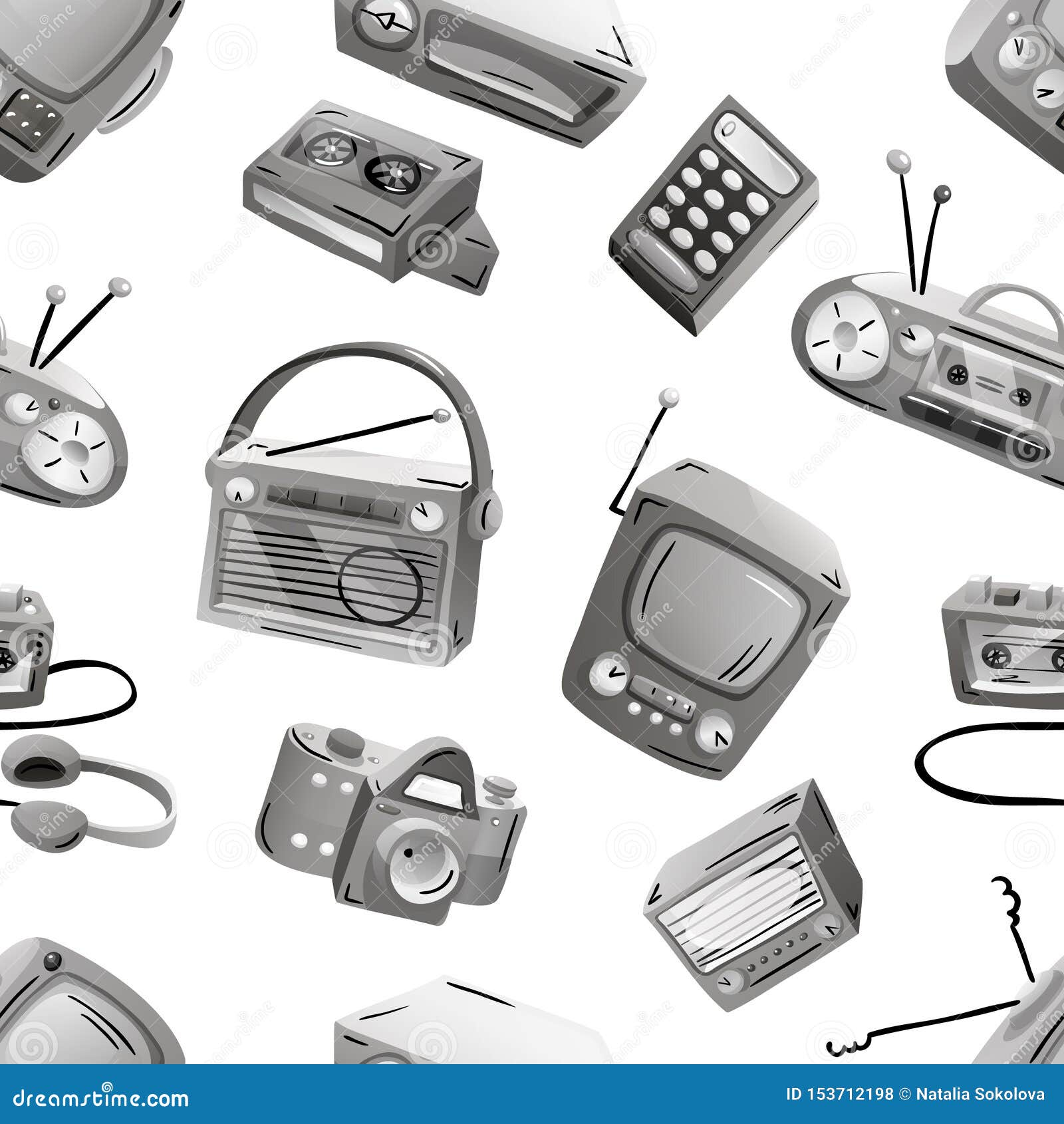 Seamless Pattern with Retro Devices in Grayscale. Stock Vector ...