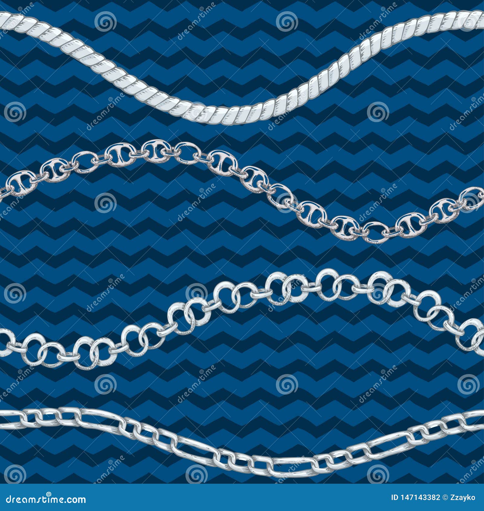 Seamless Pattern With Retro Hand-drawn Sketch Silver Chain On Dark ...